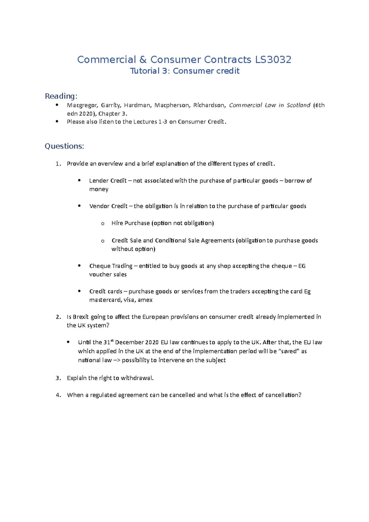 Tutorial 3 - Consumer Credit - Commercial & Consumer Contracts LS ...