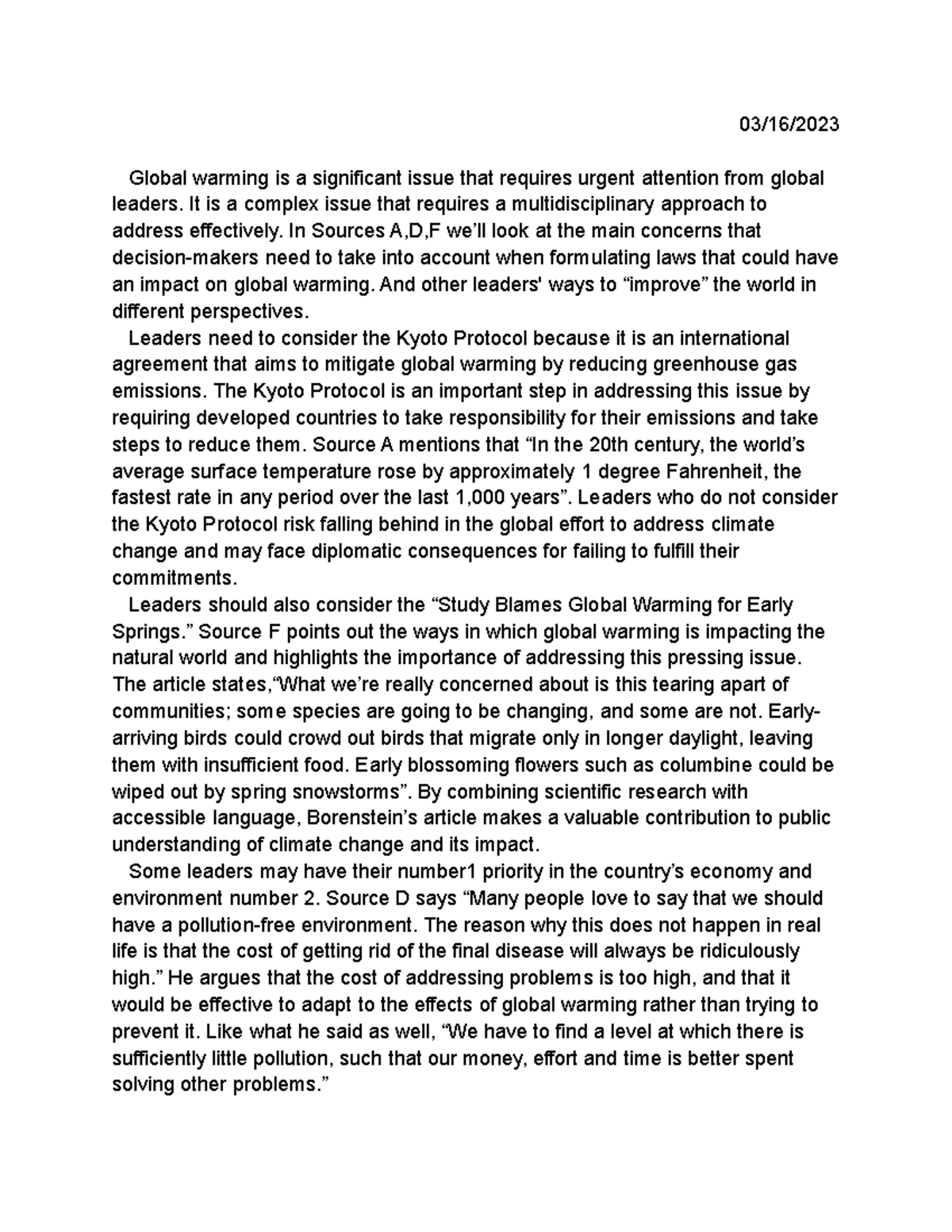 Frailyn Baez - Final Synthesis Essay - 03/16/ Global warming is a ...