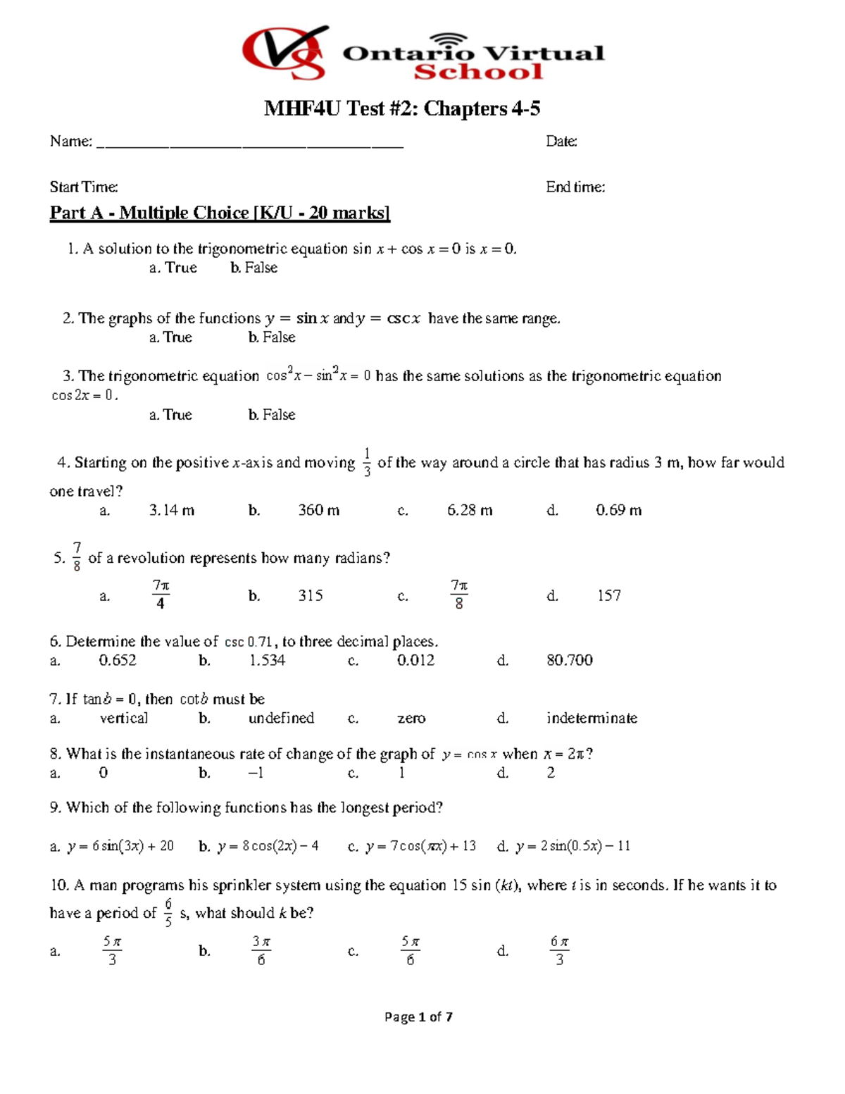1602112512-Unit 2A Test V4 - MHF4U Test #2: Chapters 4- Name