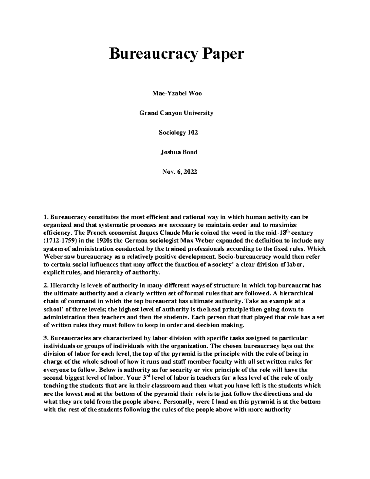 Bureaucracy Paper - Bureaucracy Paper Mae-Yzabel Woo Grand Canyon ...