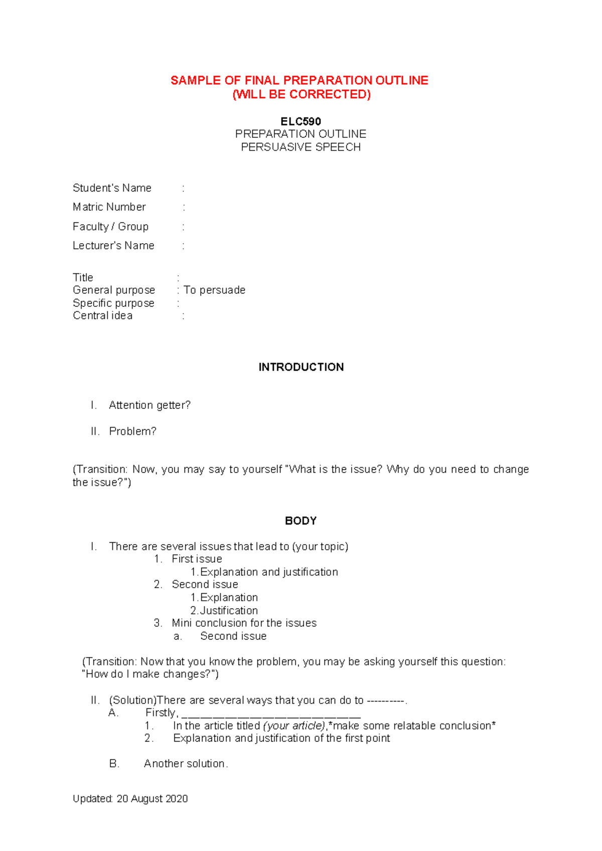 Sample template ELC 590 (Persuasive speech) - Updated: 20 August 2020 ...