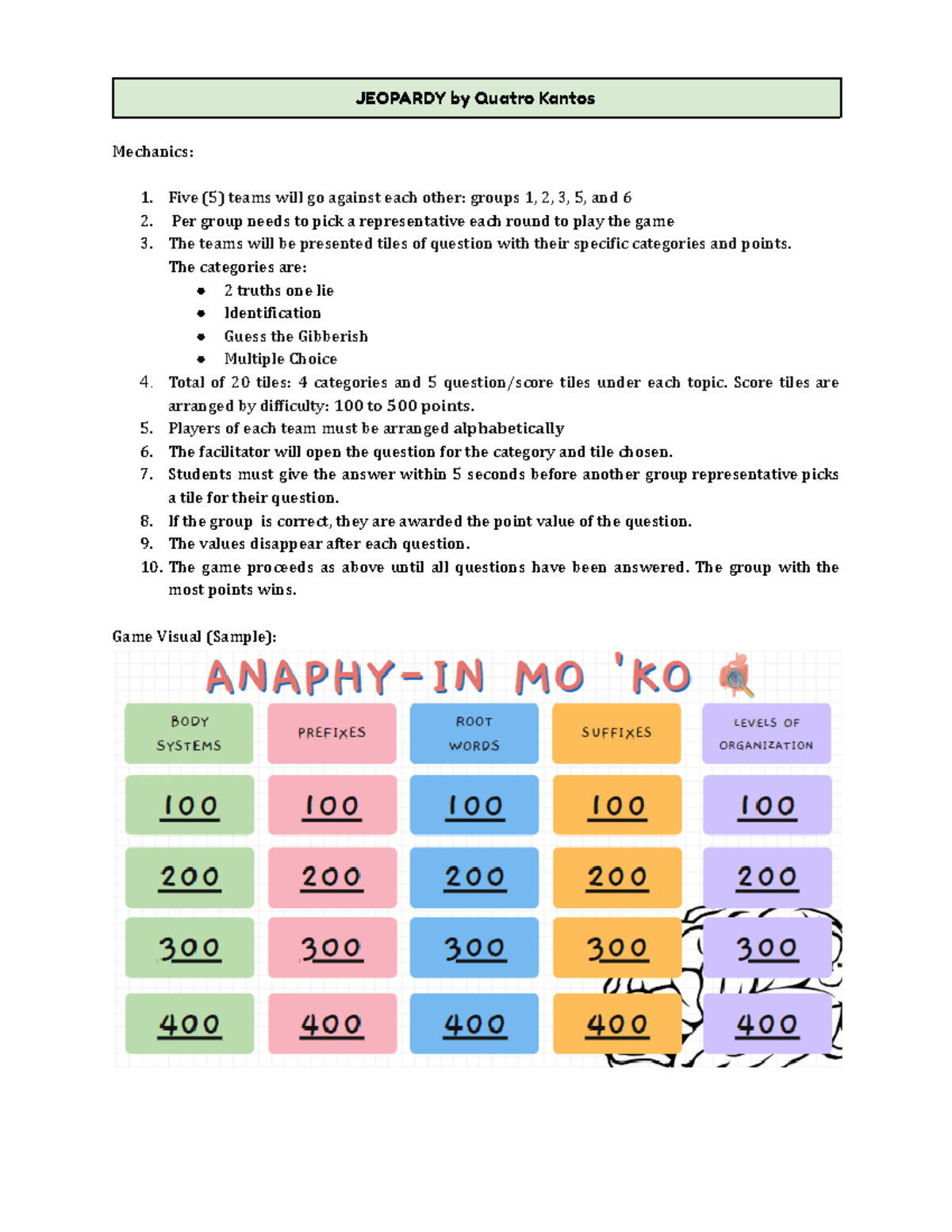 Activity - Quatro Kantos - JEOPARDY by Quatro Kantos Mechanics: Five (5 ...