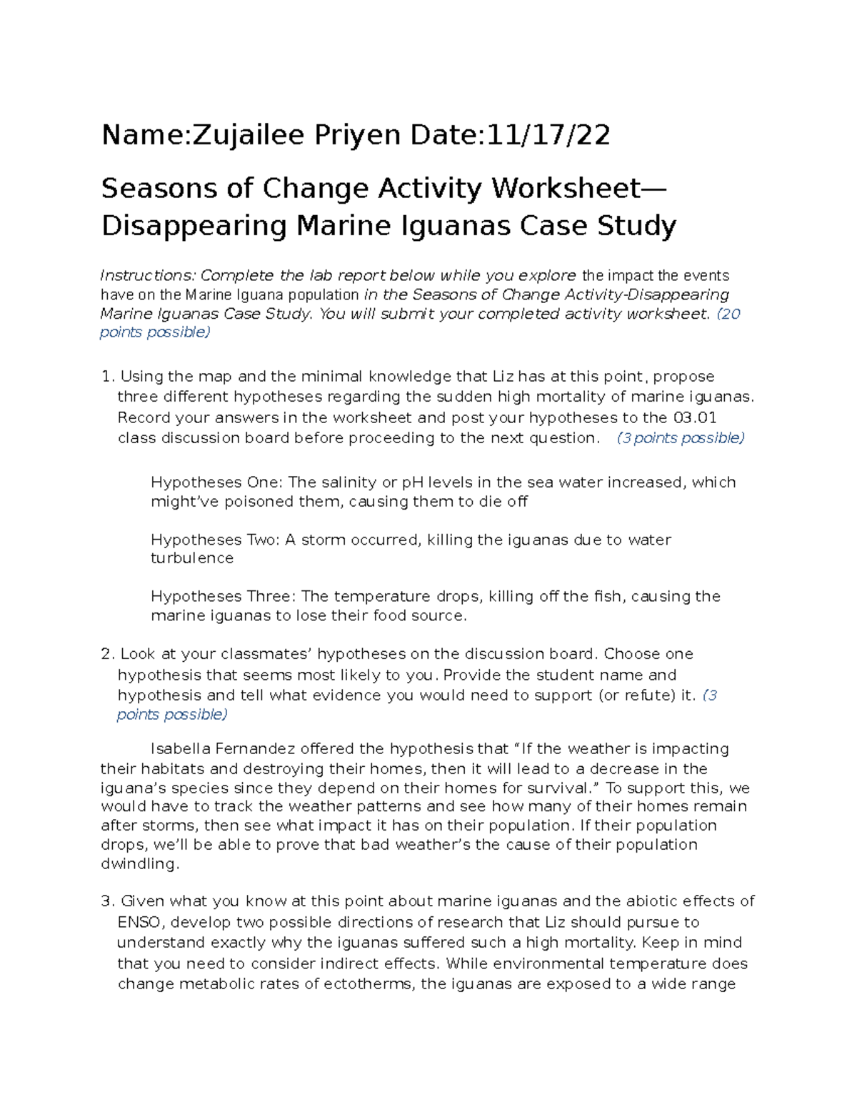 Seasons of change activity worksheet complete - Name:Zujailee Priyen ...