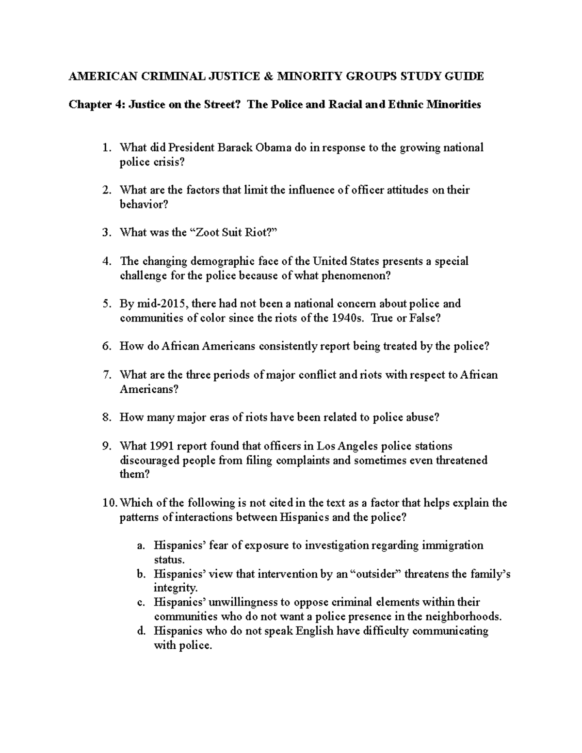 CRJ 117 Study Guide Chapter 4 Justice on the Street-The Police and ...