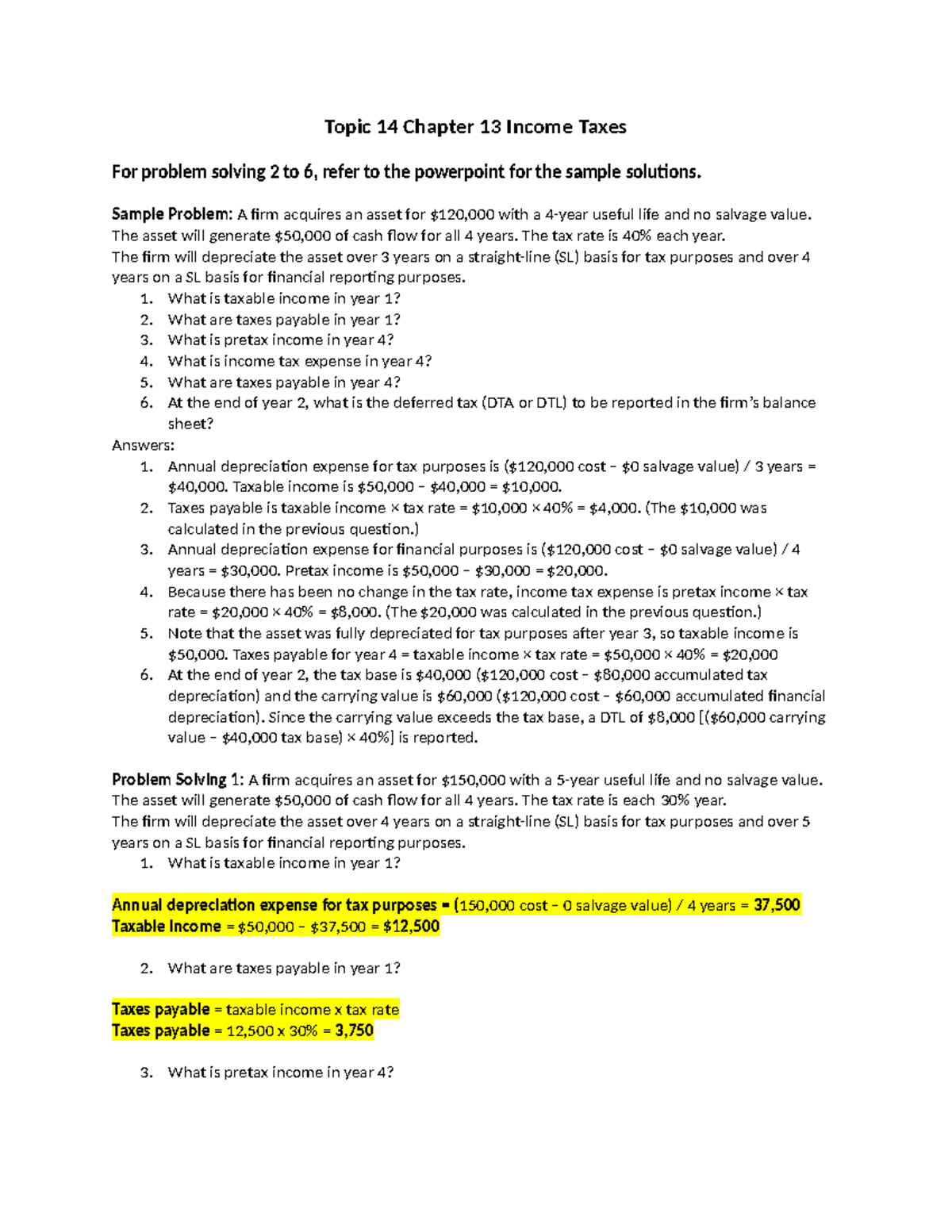 Assignment Topic 14 Chapter 13 Income Taxes - Topic 14 Chapter 13 Income Taxes For problem ...