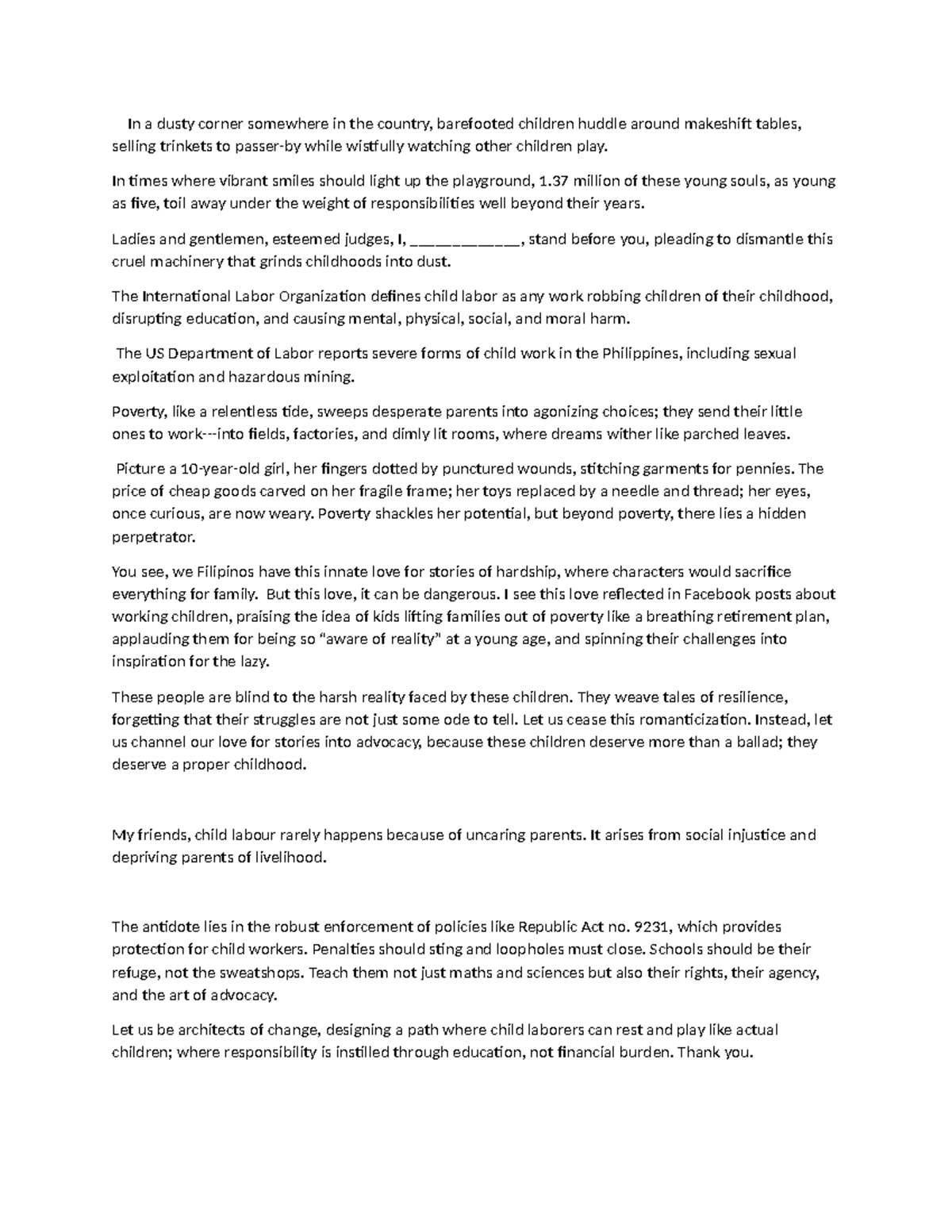 Oratorical-Speech - ESSAY - In a dusty corner somewhere in the country ...