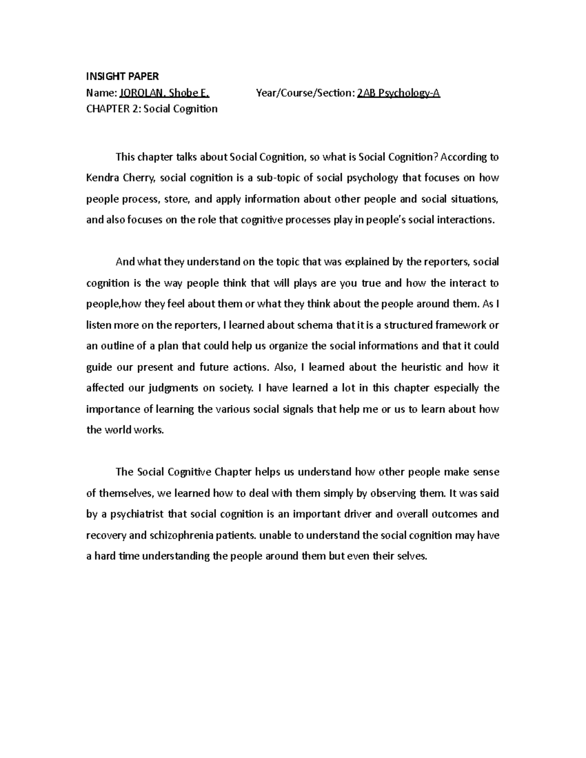 Social Cognition Insight Paper ( Soc Psych) - INSIGHT PAPER Name ...