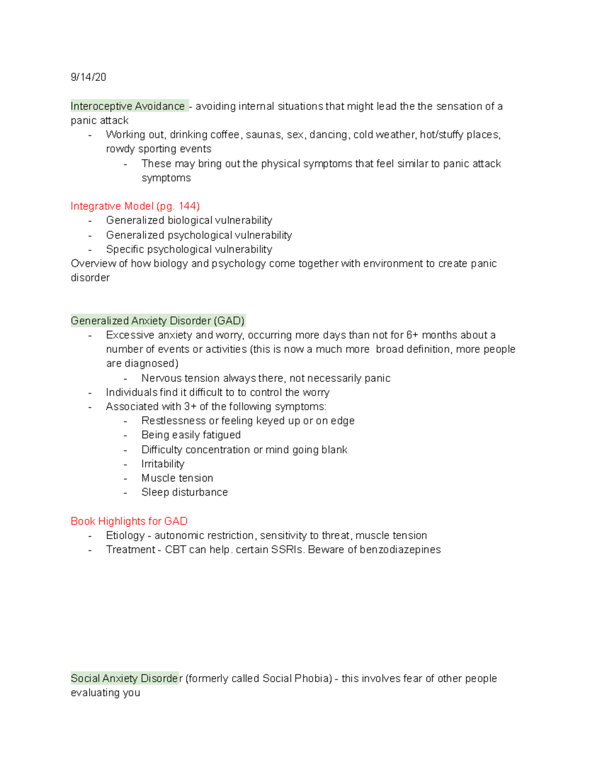 Abnormal Psych Lecture 5 Anxiety Disorders (9 14) - 9/14/ Interoceptive ...