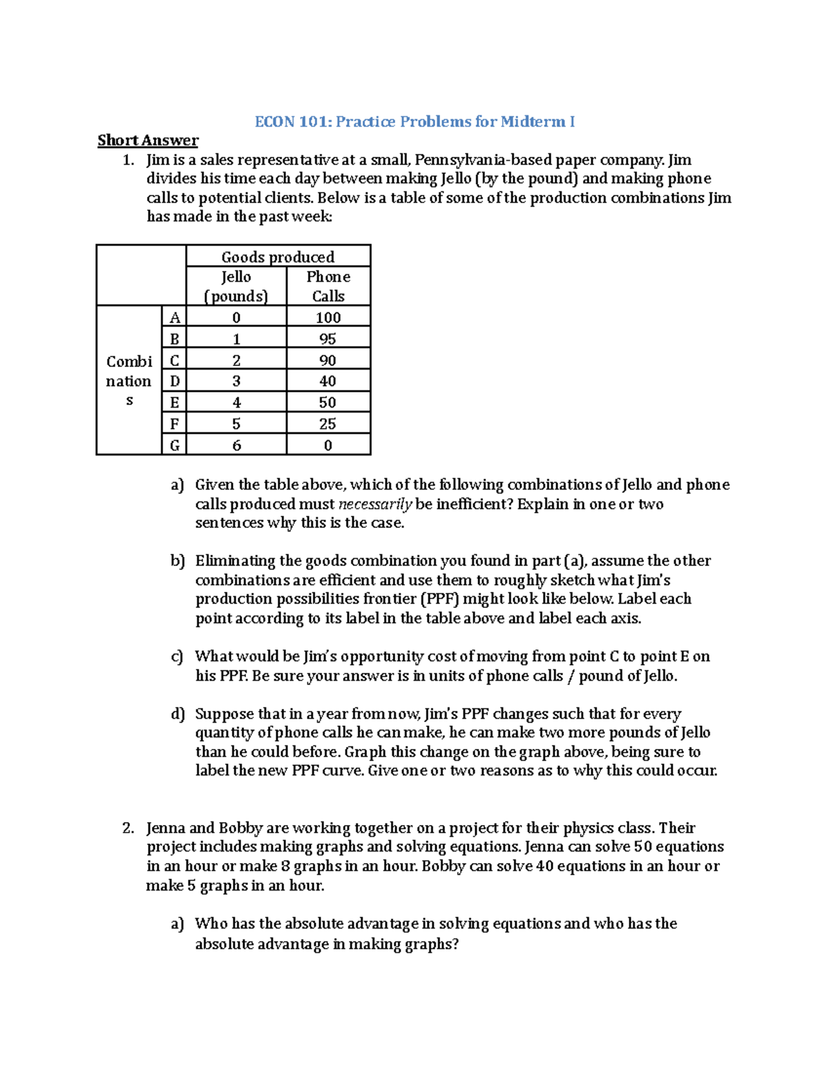 Midterm I-Extra Practice Problems - ECON 101: Practice Problems for Midterm I Short Answer Jim ...