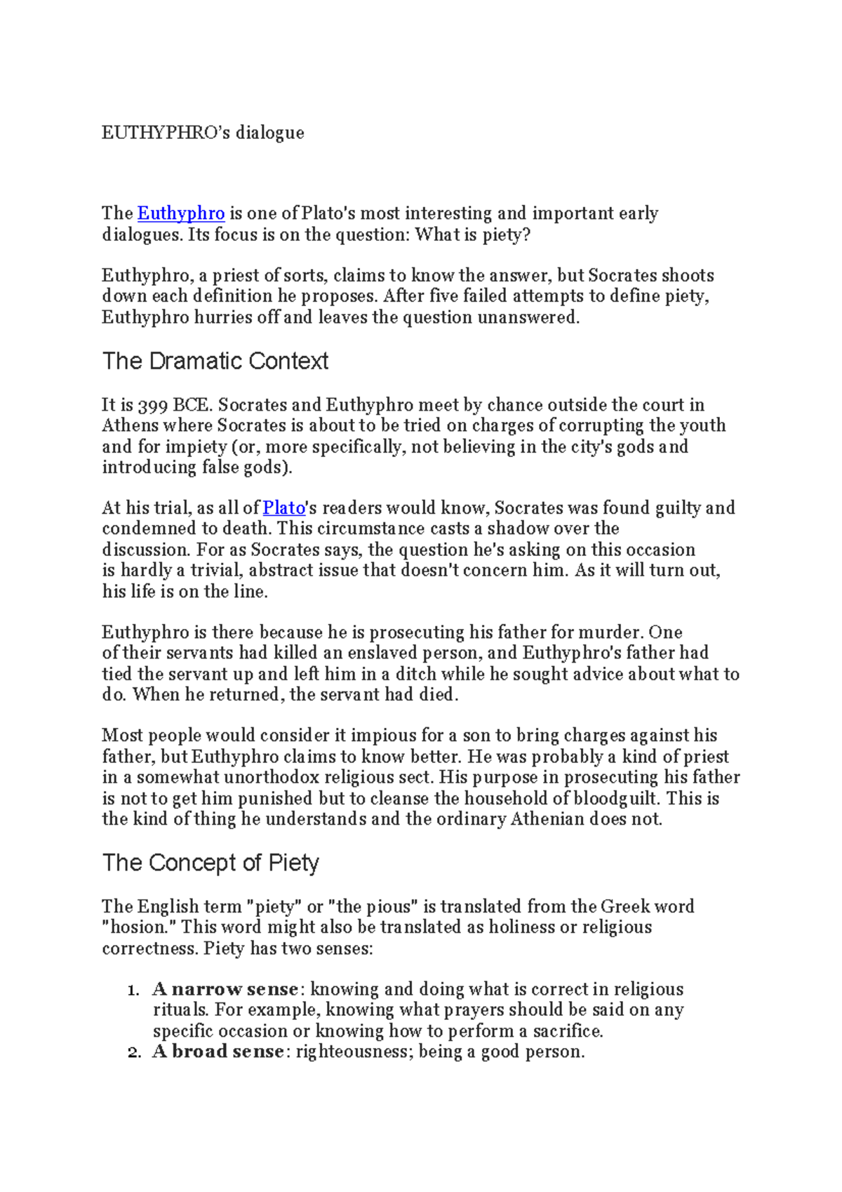 First week; Euthyphro's dialogue with socrates - EUTHYPHRO’s dialogue ...