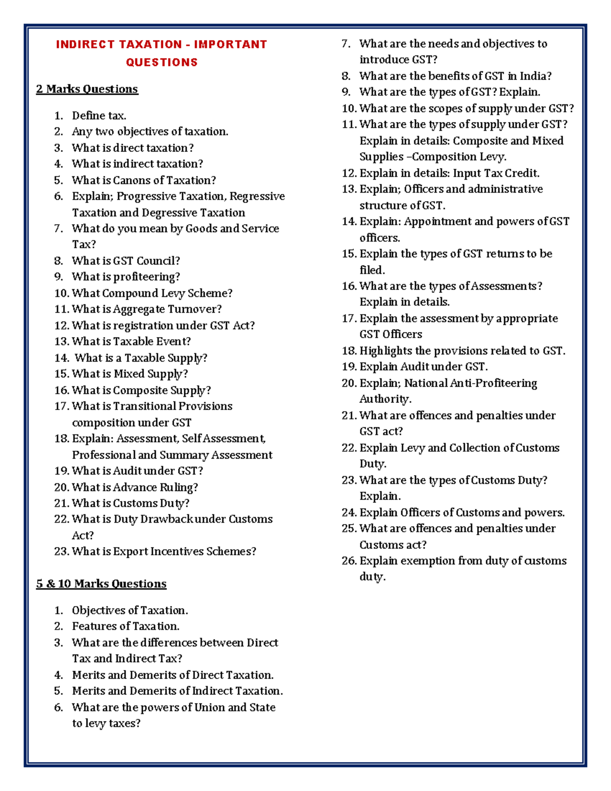Indirect Taxation Questions-converted - INDIRECT TAXATION - IMPORTANT ...