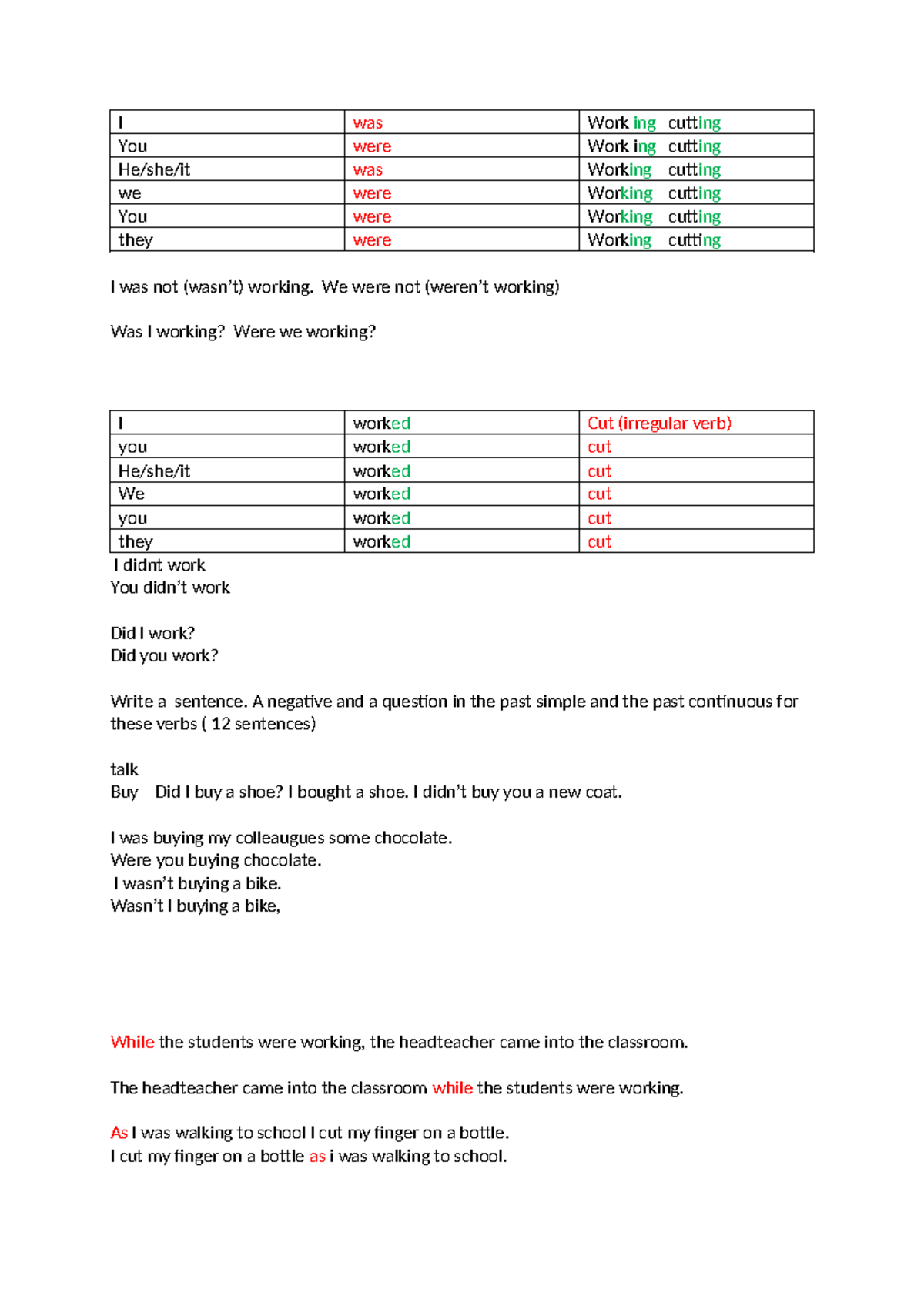 1M past tenses - hjsdhjkdsaf - I was Work ing cutting You were Work ing ...