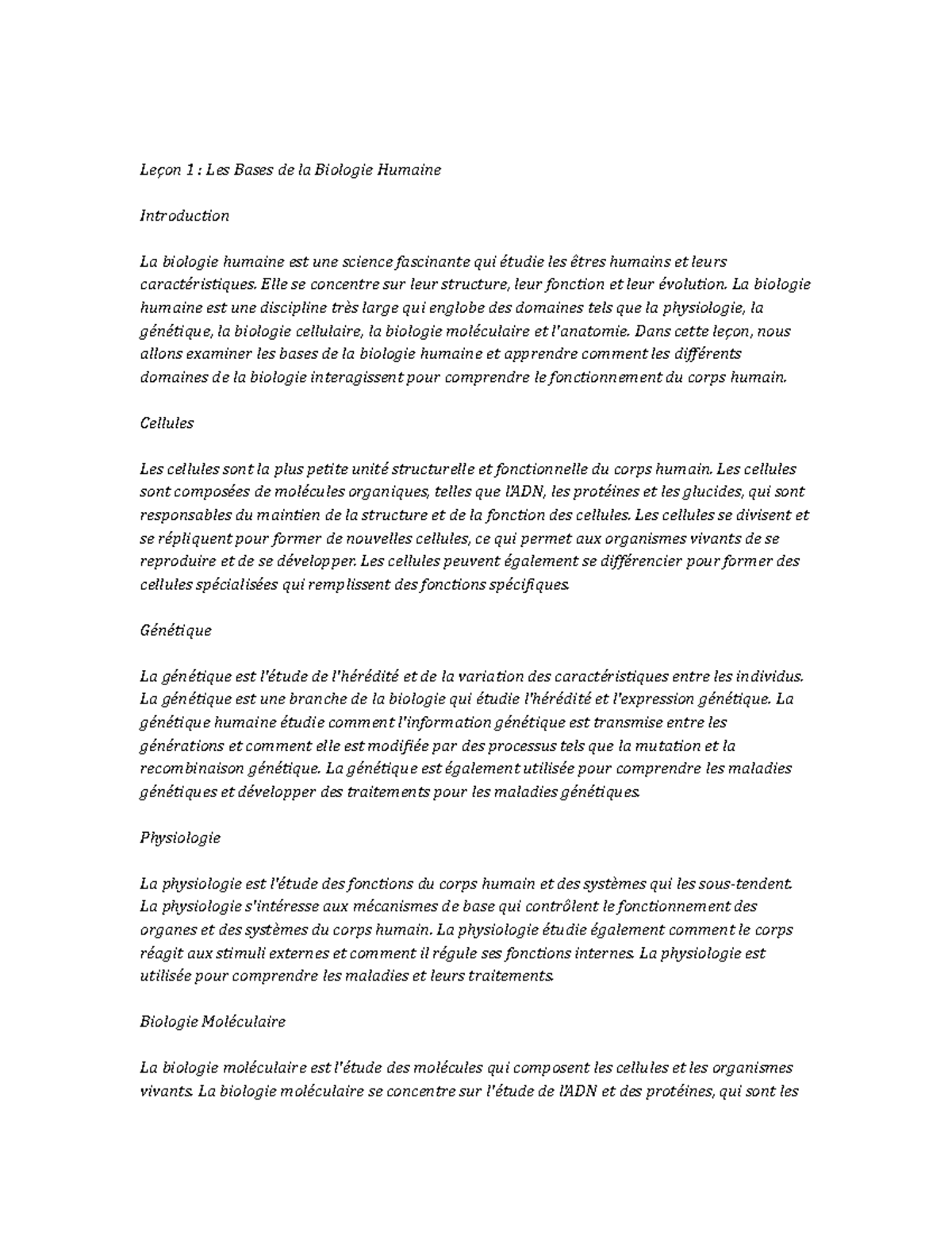 Human Biology Study Notes - Leçon 1 : Les Bases de la Biologie Humaine ...