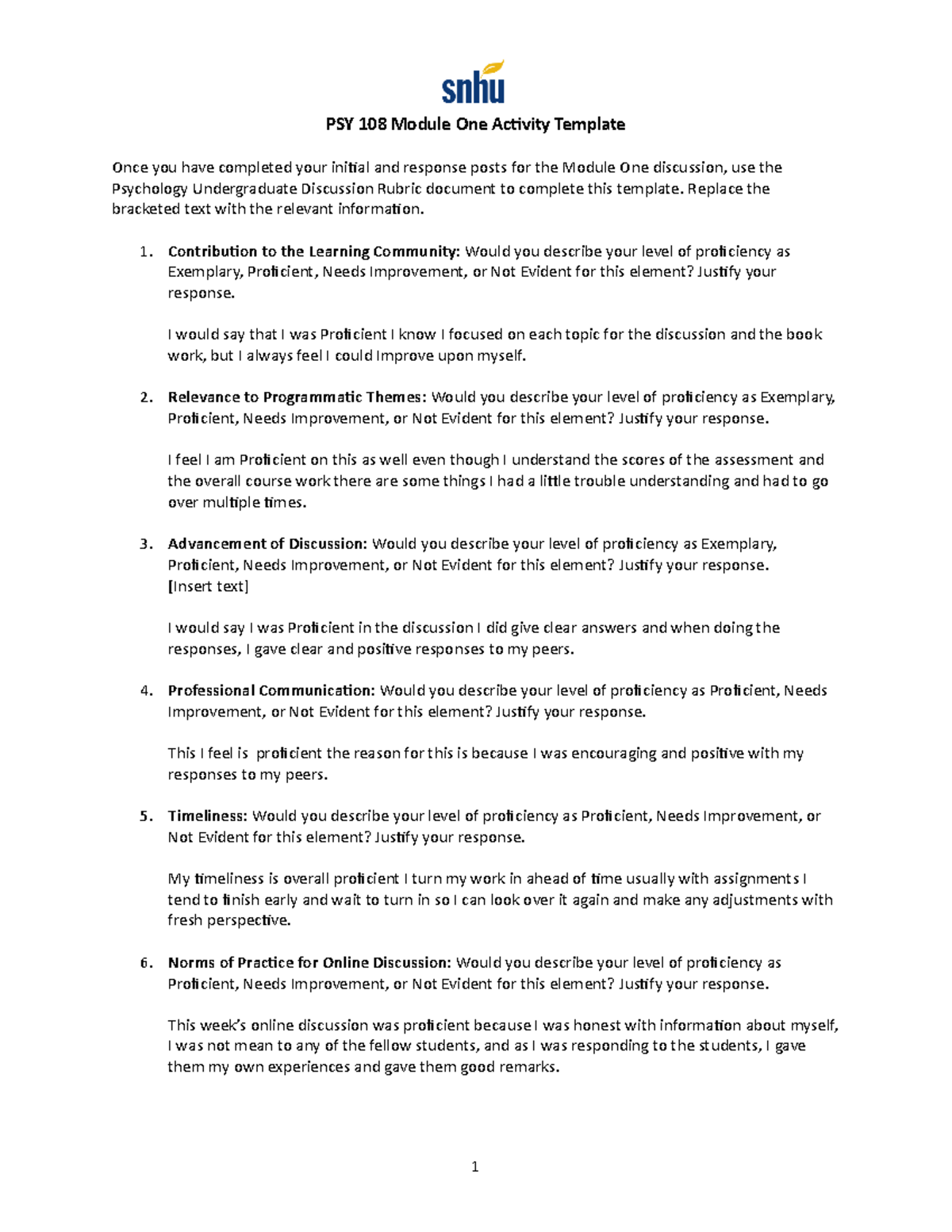 PSY 108 Module One Activity - Replace the bracketed text with the ...