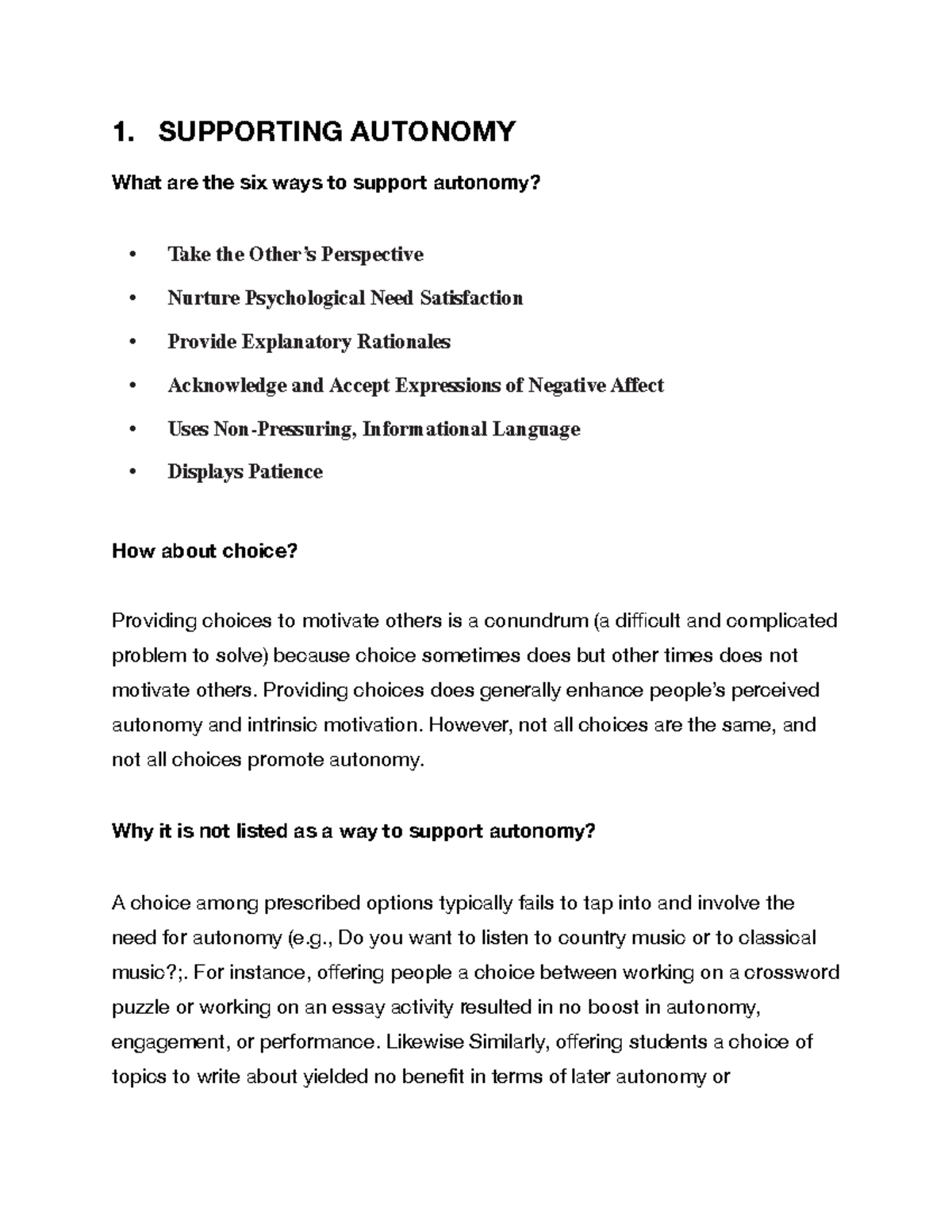 Class outline b answer - 1. SUPPORTING AUTONOMY What are the six ways ...