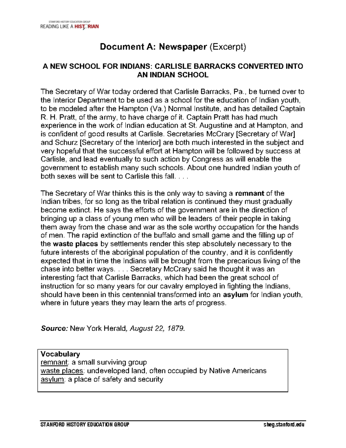 Carlisle School history documents - Document A: Newspaper (Excerpt ...