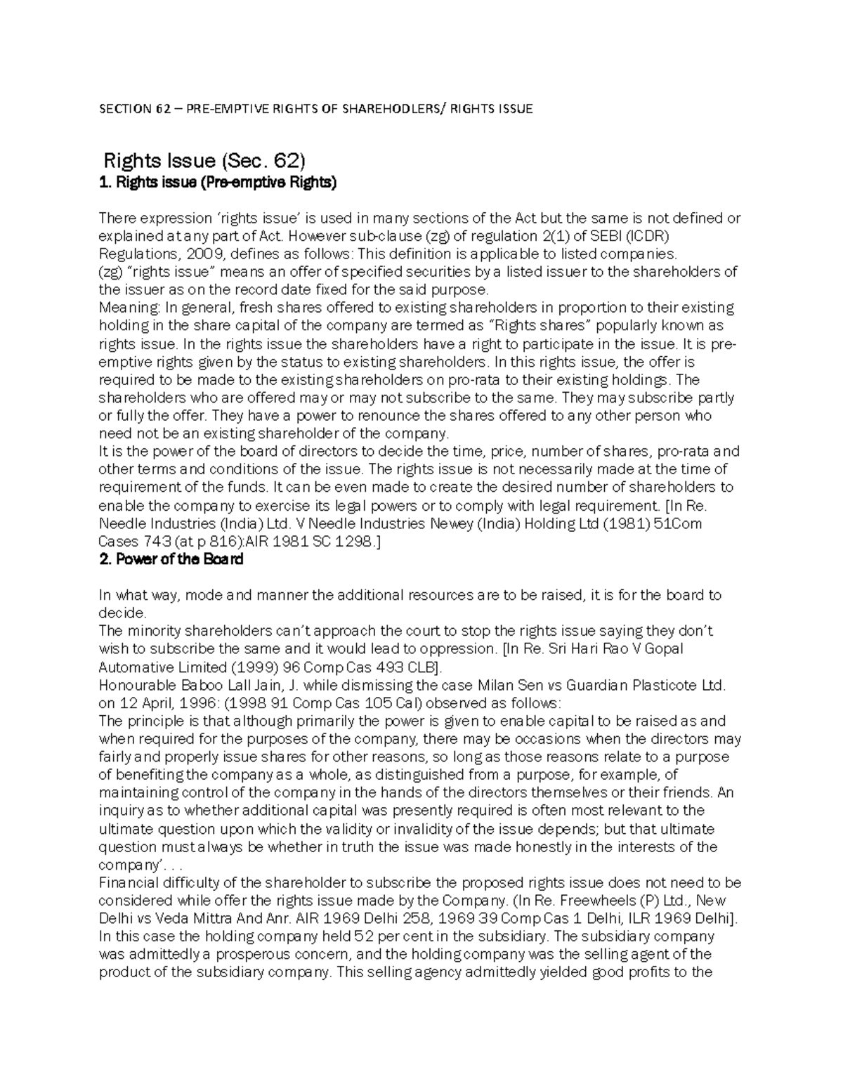 Company laaw - SECTION 62 – PRE-EMPTIVE RIGHTS OF SHAREHODLERS/ RIGHTS ...