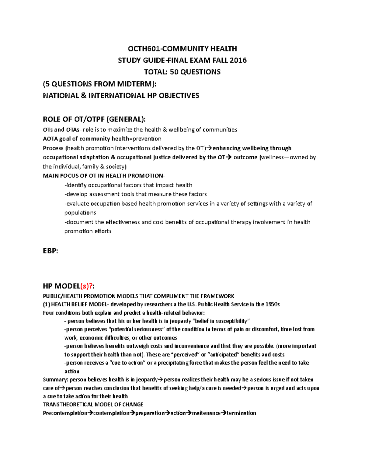 Community health final review sheet - OCTH601-COMMUNITY HEALTH STUDY ...