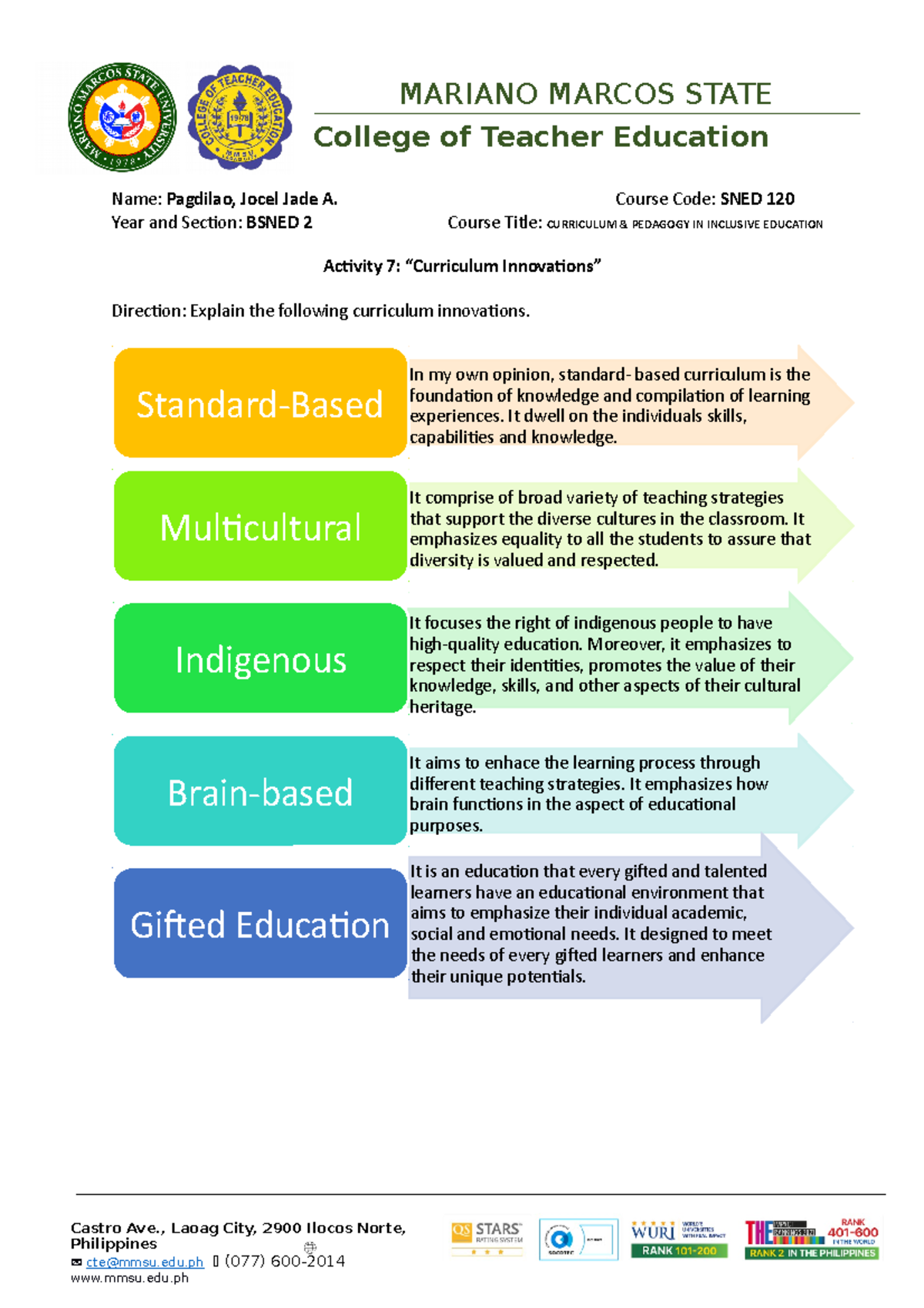 Pagdilao Activity 7 Curriculum Innovations - Name: Pagdilao, Jocel Jade ...