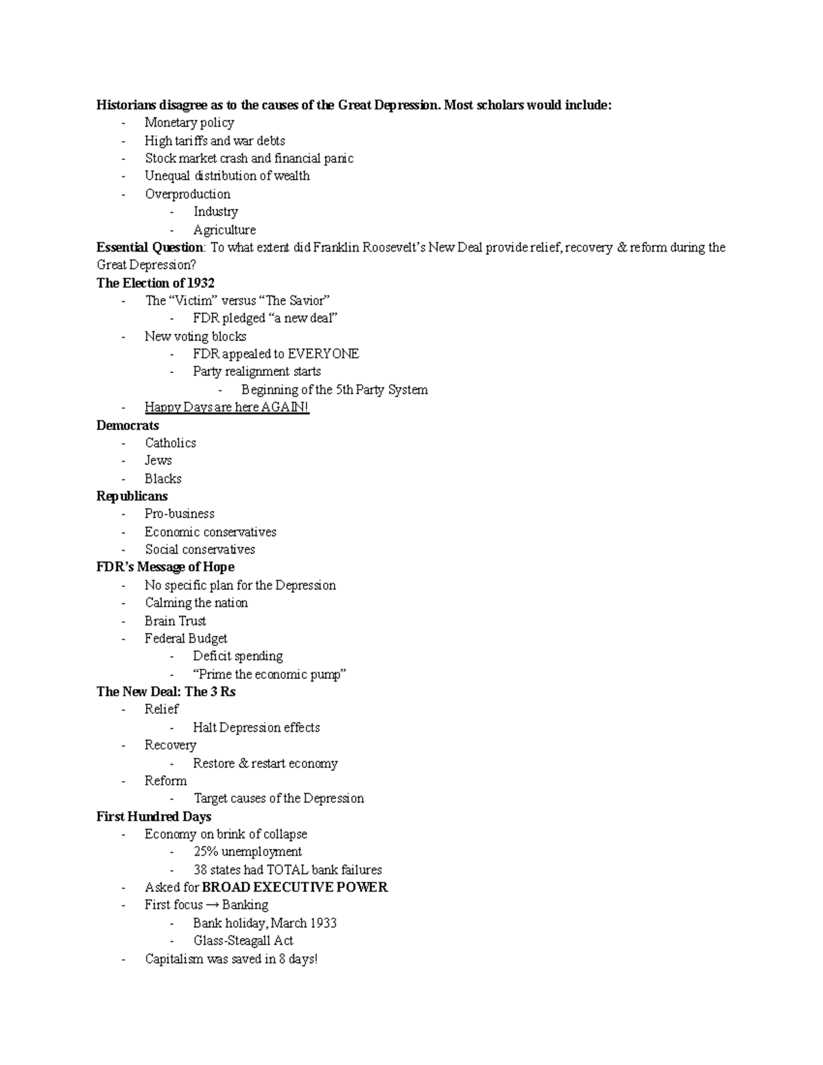 FDR and the New Deal - Notes On Units Within APUSH To Help Study For ...