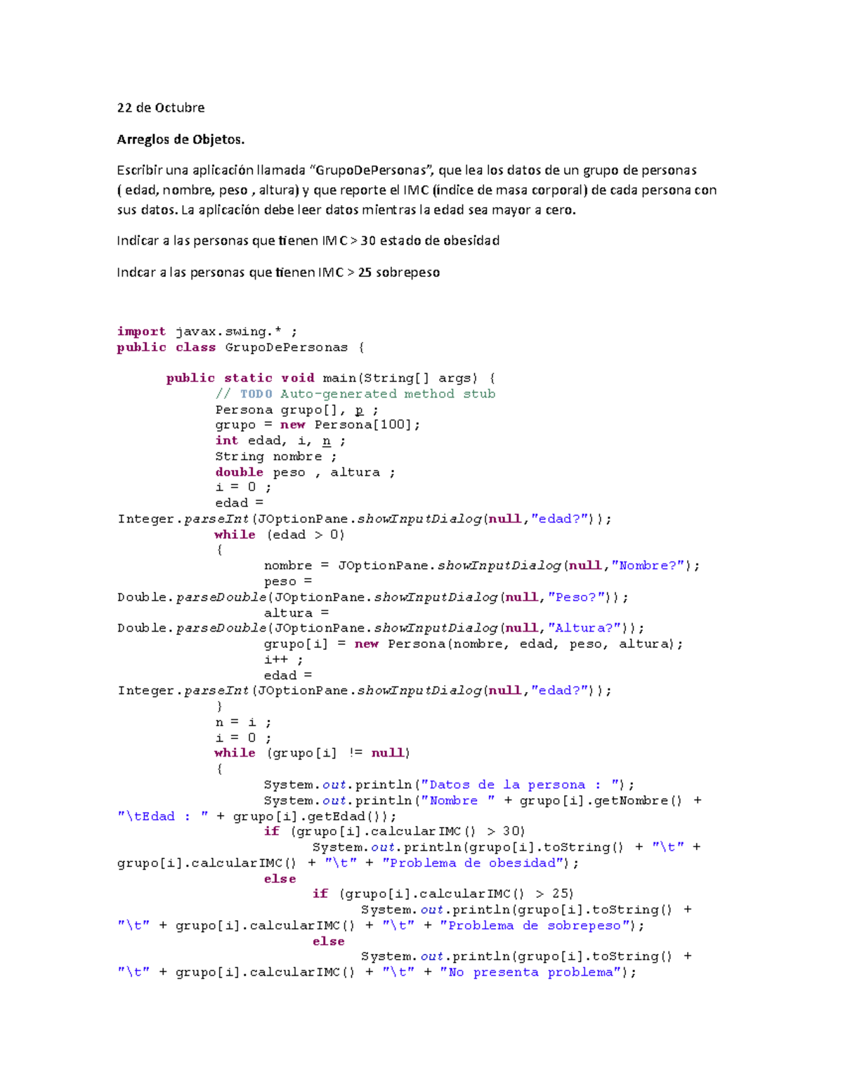 POO-octubre 22 - ejercicio - 22 de Octubre Arreglos de Objetos ...