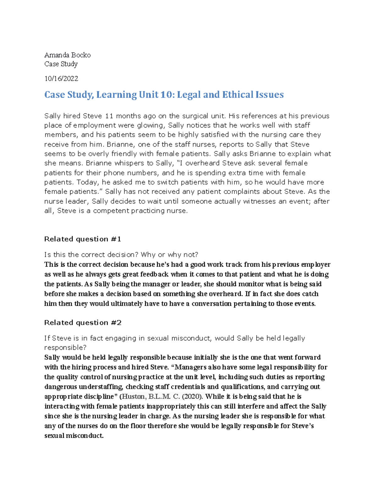 Leadership Case Study (Extra Credit) - Amanda Bocko Case Study 10/16/ Case Study, Learning Unit ...