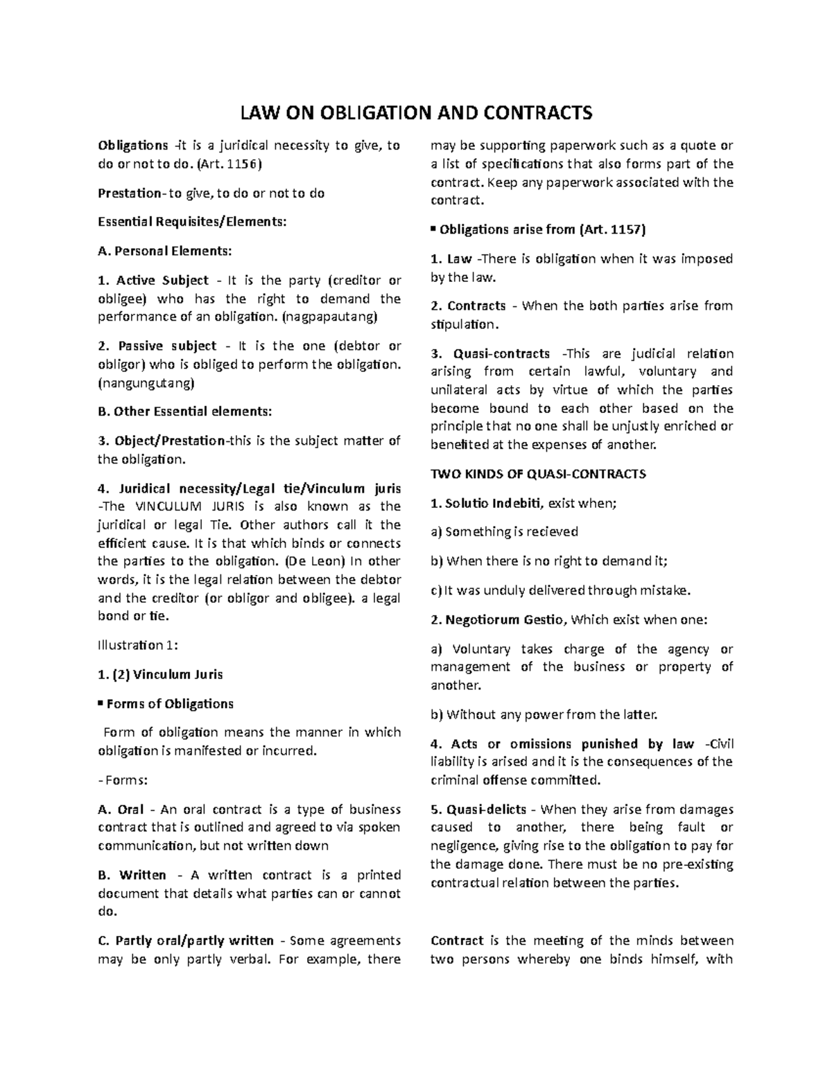 LAW Reviewer Prelim - LAW ON OBLIGATION AND CONTRACTS Obligations -it is a juridical necessity ...