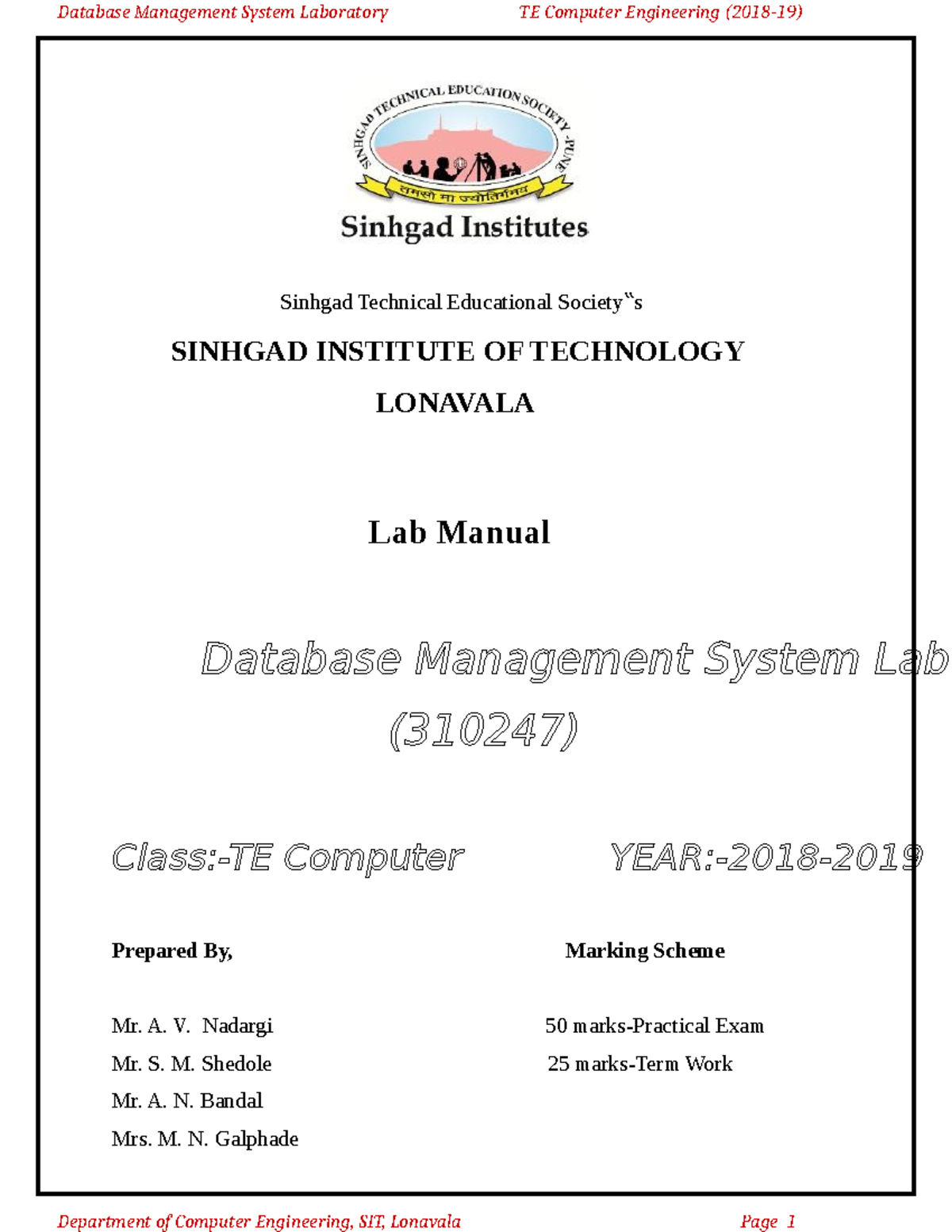 DBMS20Lab20Manual 202018 1920 new - ####### Sinhgad Technical Educational Society s‟ SINHGAD ...