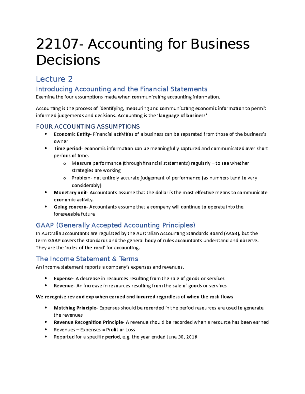 Accounting Lecture Notes 22107 Accounting For Business Decisions Lecture 2 Introducing
