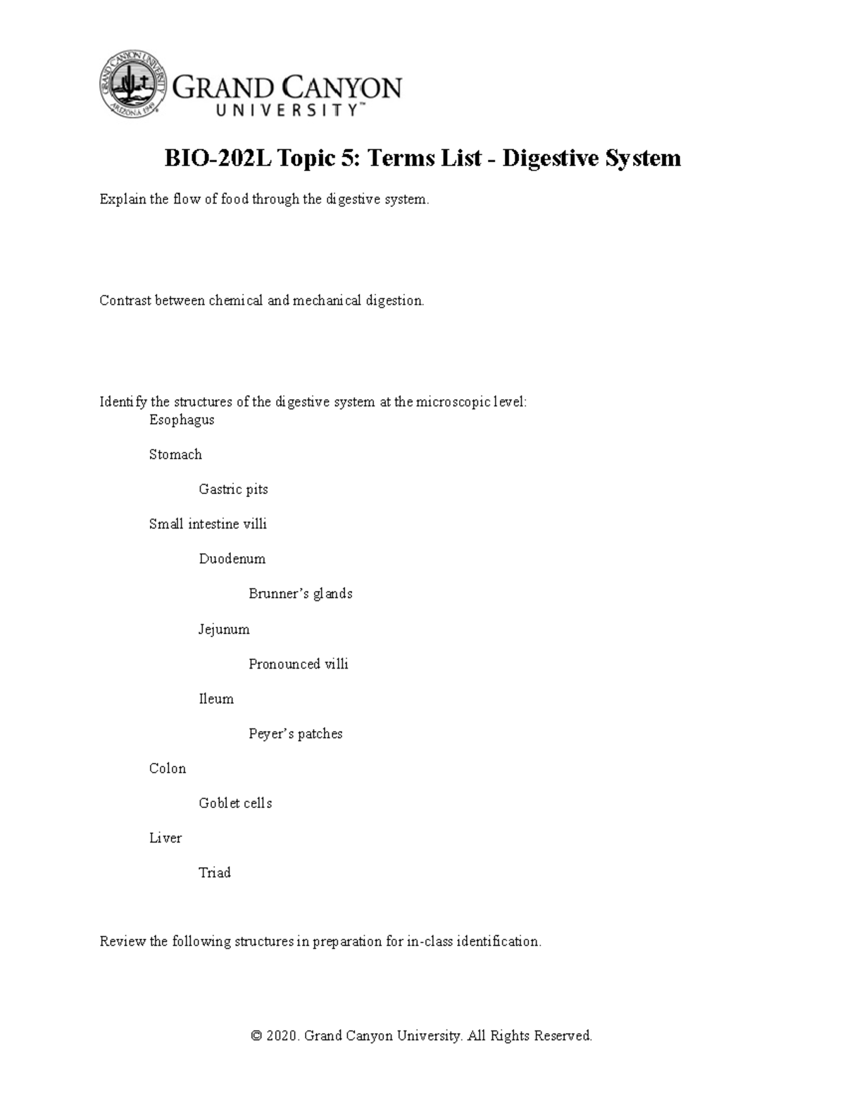 BIO 202L Topic 5 RS Terms List Digestive System - BIO-202L Topic 5 ...