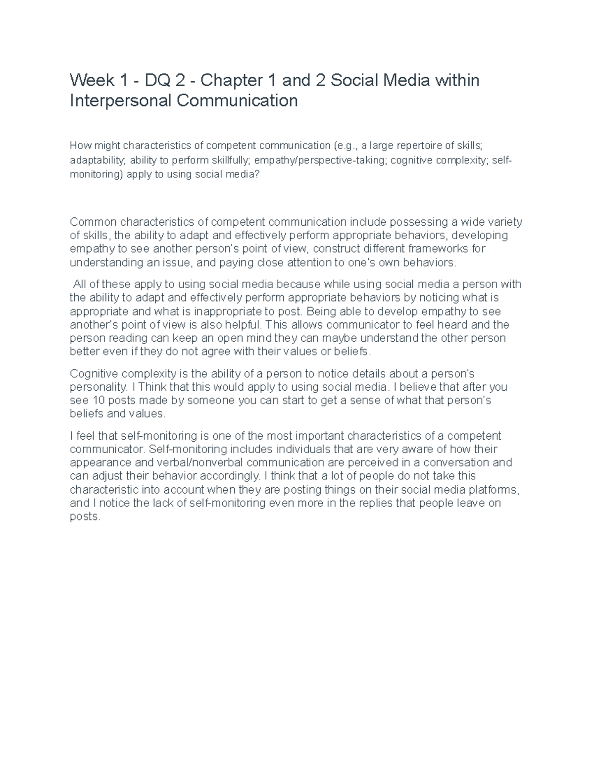 Week 1 - DQ 2 - Chapter 1 and 2 Social Media within Interpersonal ...