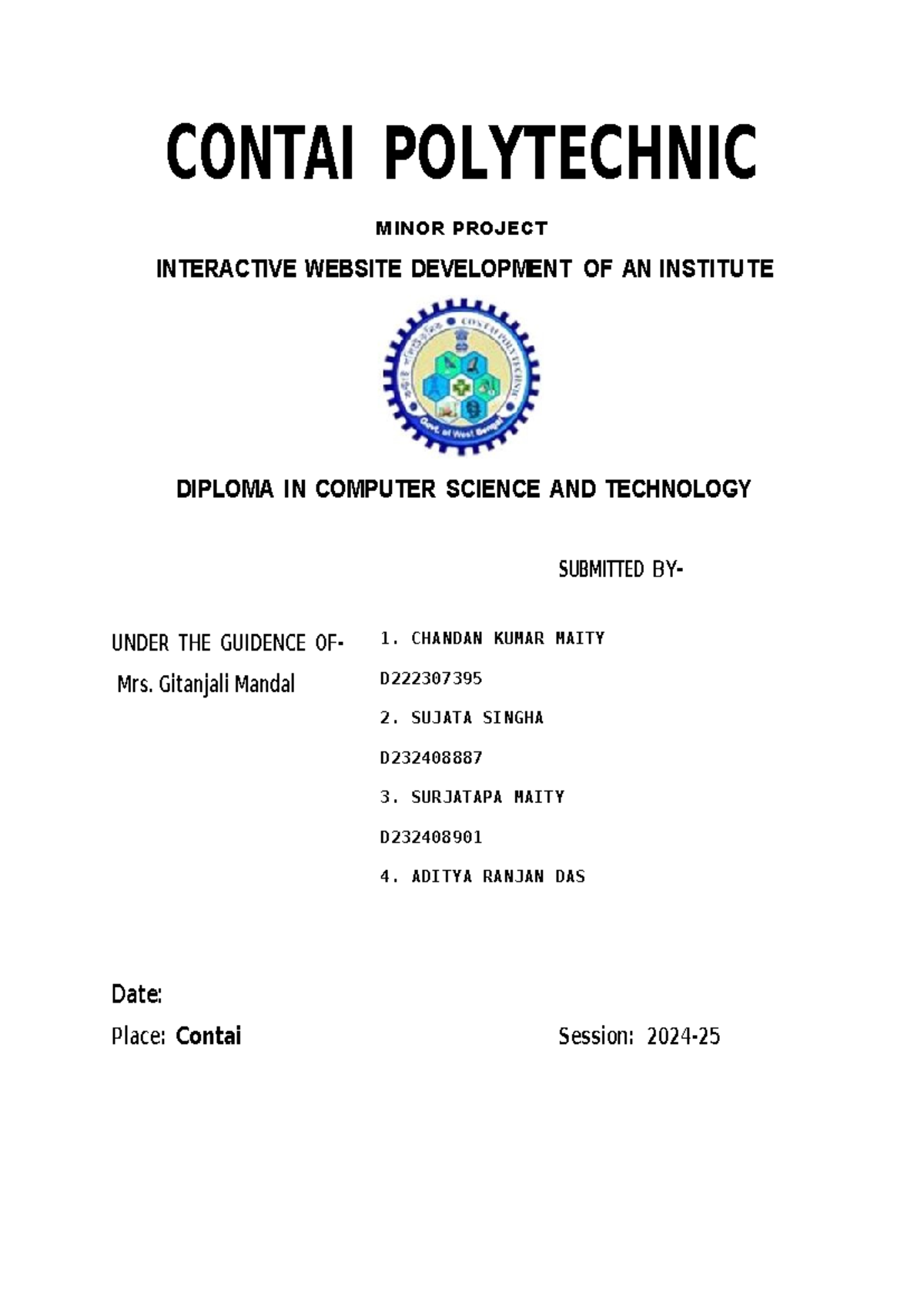 Minor Project Report 1 - CONTAI POLYTECHNIC MINOR PROJECT INTERACTIVE WEBSITE DEVELOPMENT OF AN ...