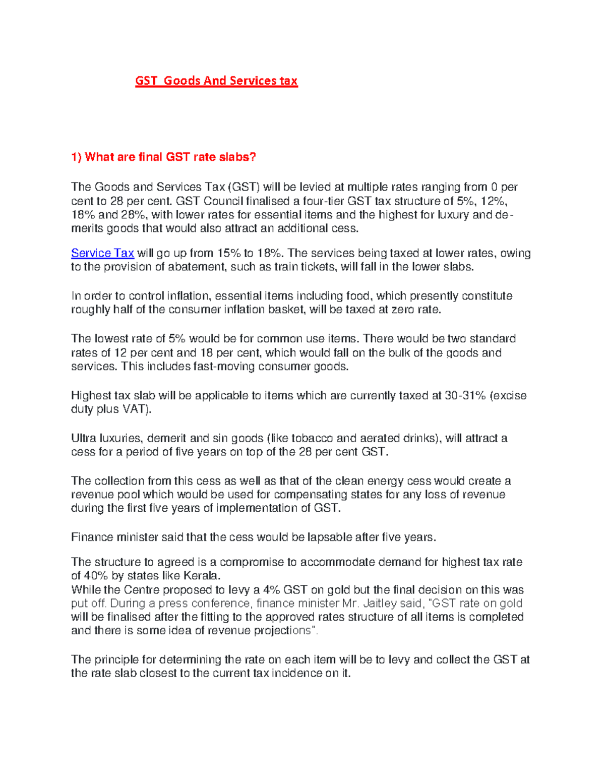 GST 1 - goods and service tax important Notes - GST Goods And Services ...