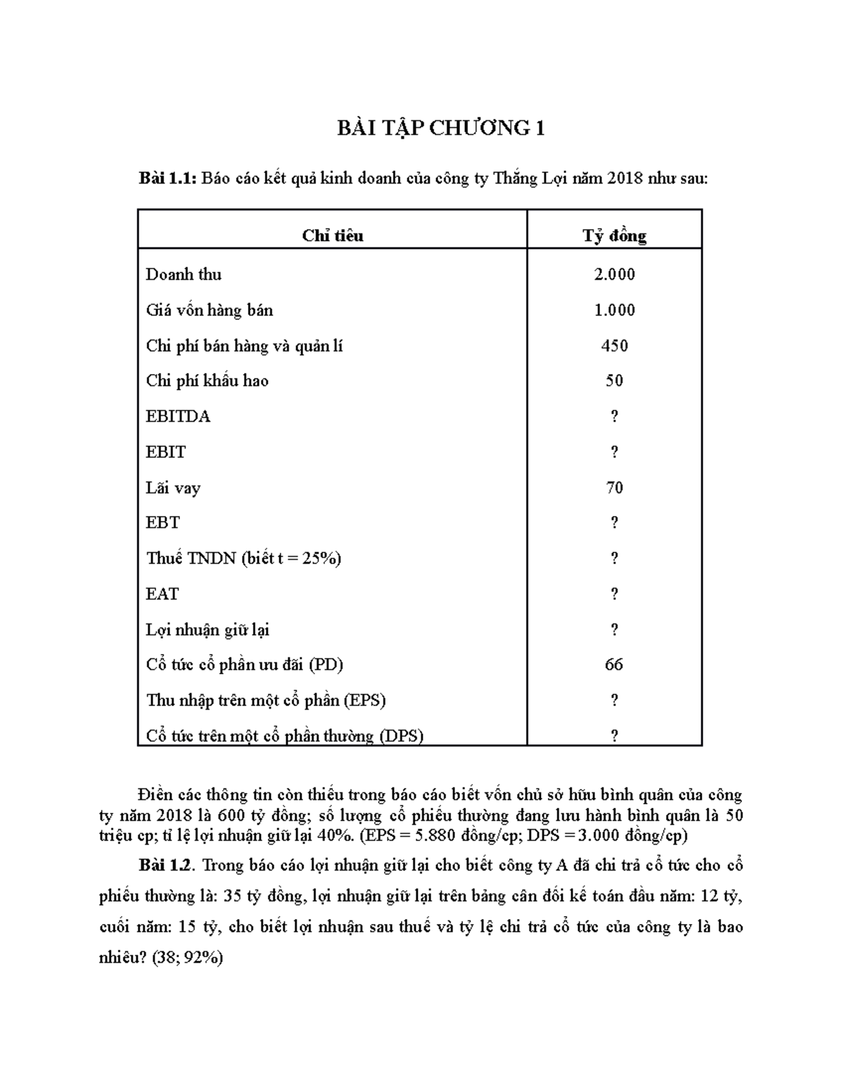 BÀI-TẬP - tkkt - BÀI TẬP CHƯƠNG 1 Bài 1: Báo cáo kết quả kinh doanh của ...