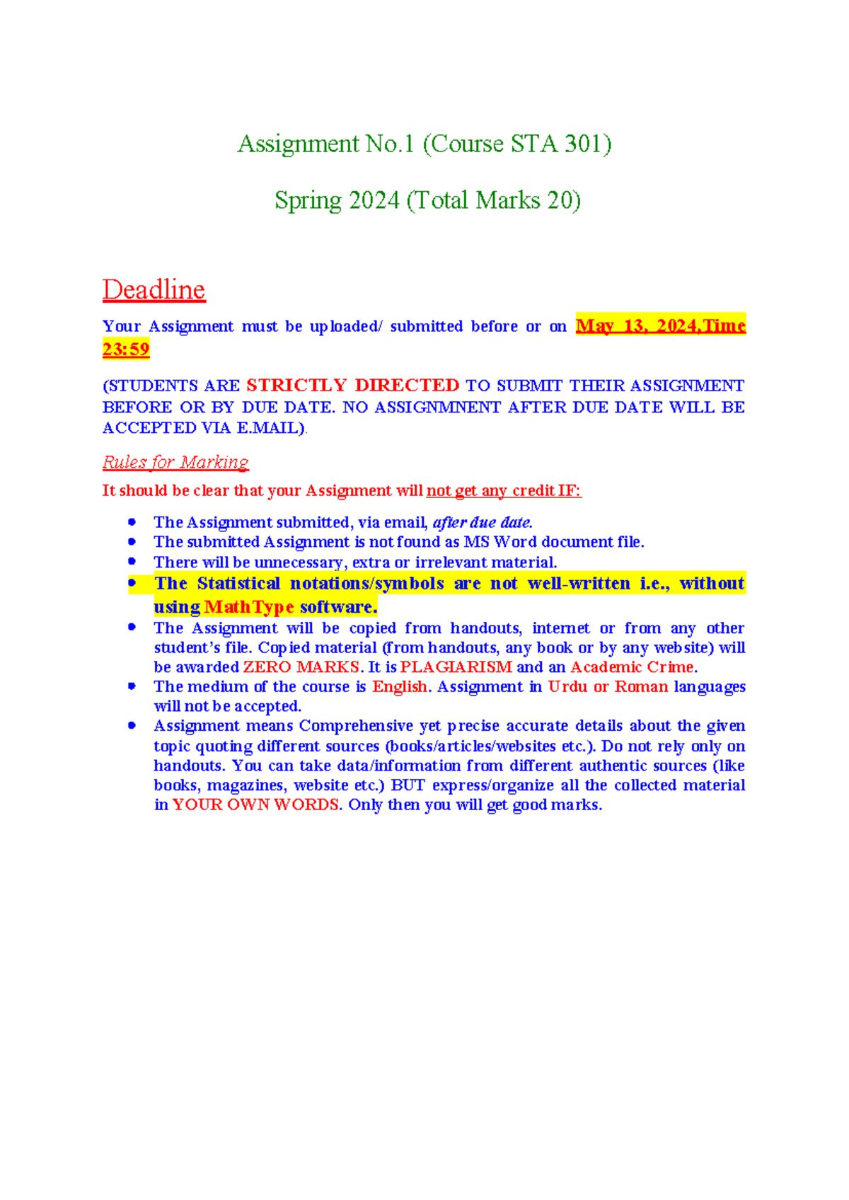 Spring 2024 STA301 1 - NNO - Assignment No (Course STA 301) Spring 2024 (Total Marks 20 ...