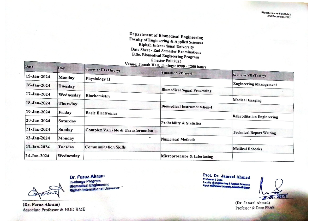 End Term Date sheet Fall 2023 Semester - signal and system - Studocu