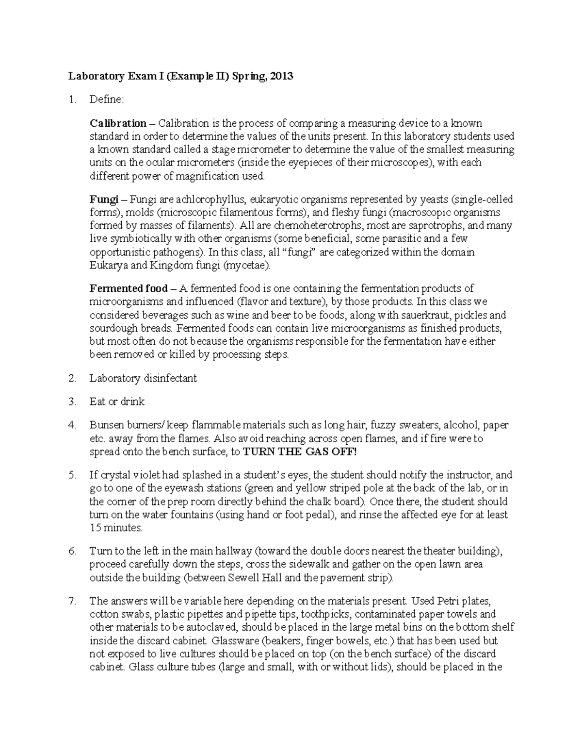 27 lab ex I spr - Laboratory Exam I (Example II) Spring, 2013 Define ...