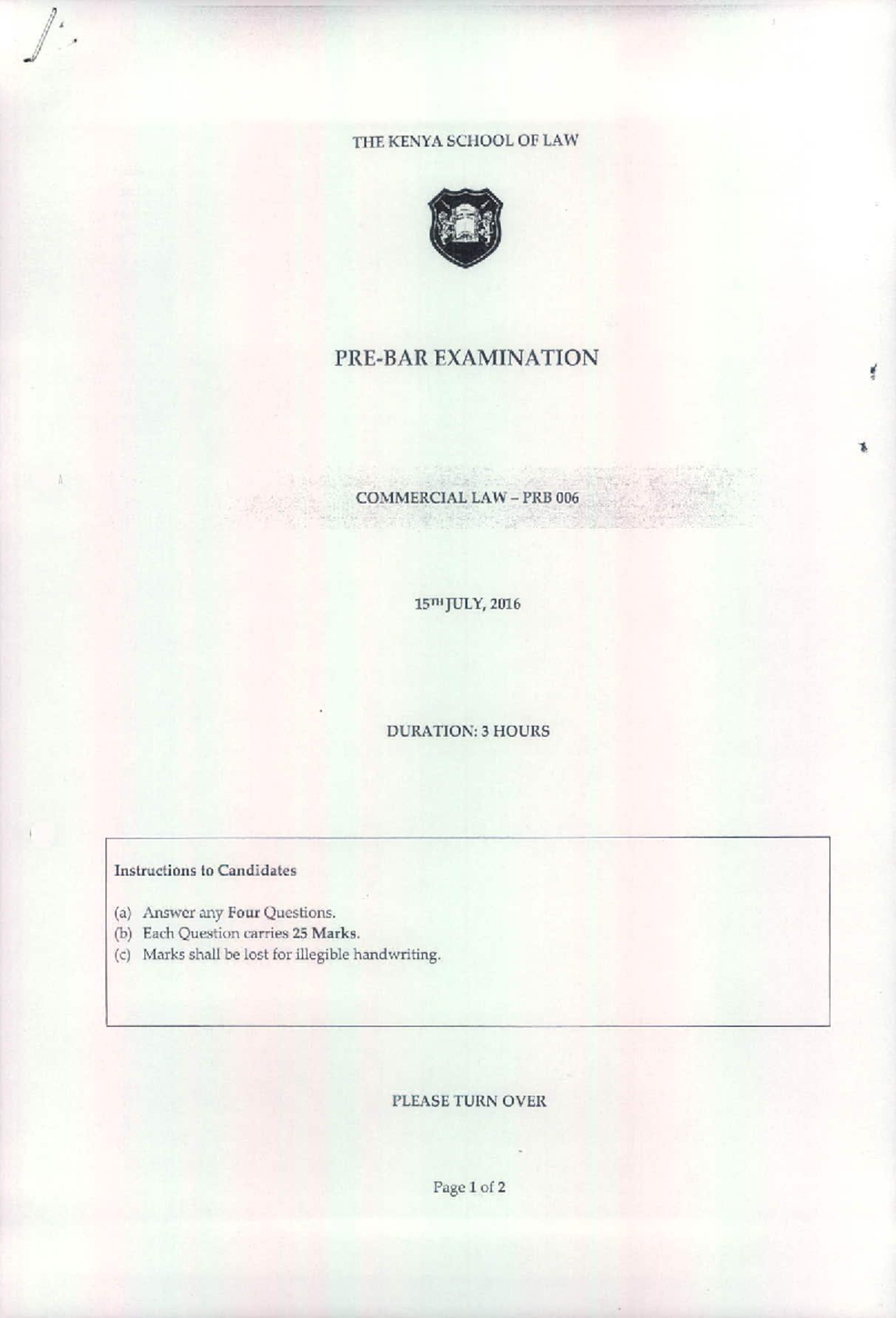 PRE-BAR JULY, 2016 - study materials in relation commercial law -I. THE KENYA SCHOOL OF LAW ...