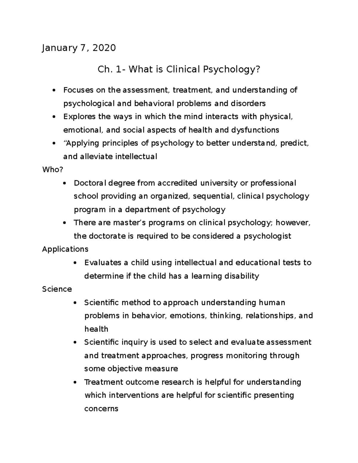 Class 1-Clinical - Lecture notes 1 - January 7, 2020 Ch. 1- What is ...