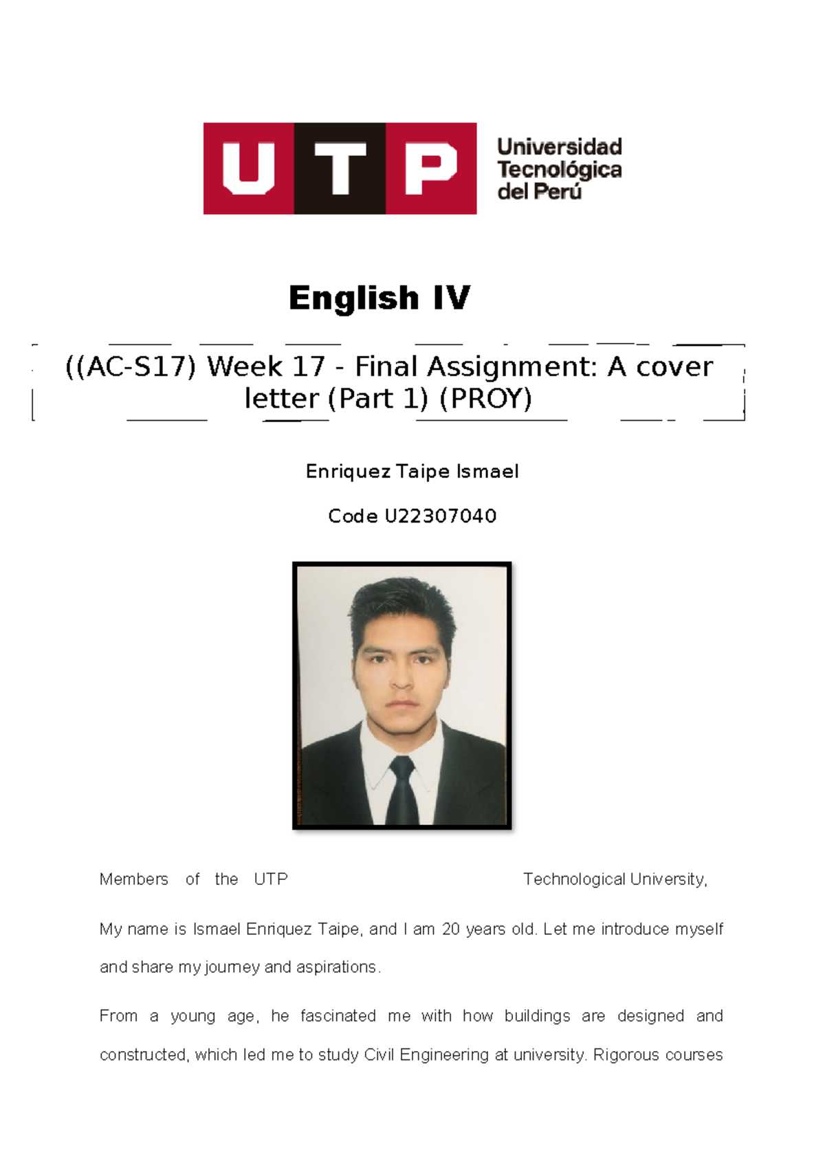 AC-S17 Week 17 Final Assignment A cover letter Part 1 - ingles, tarea - Enriquez Taipe Ismael ...