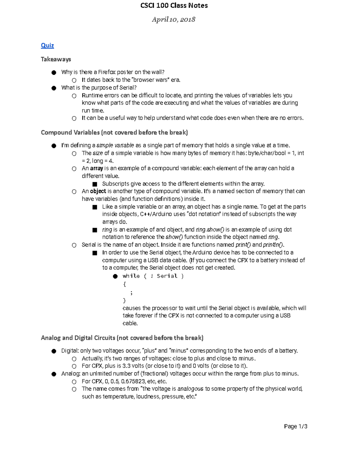 2018-04-10 Class Notes - CSCI 100 Class Notes April 10, 2018 Quiz ...