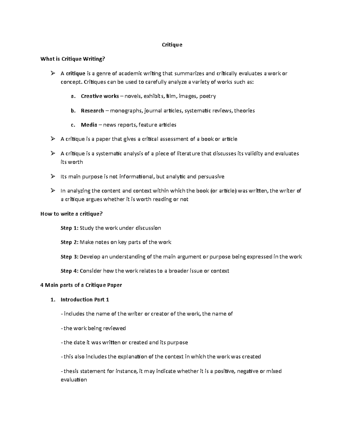 Critique Writing - Critique What is Critique Writing? A critique is a ...