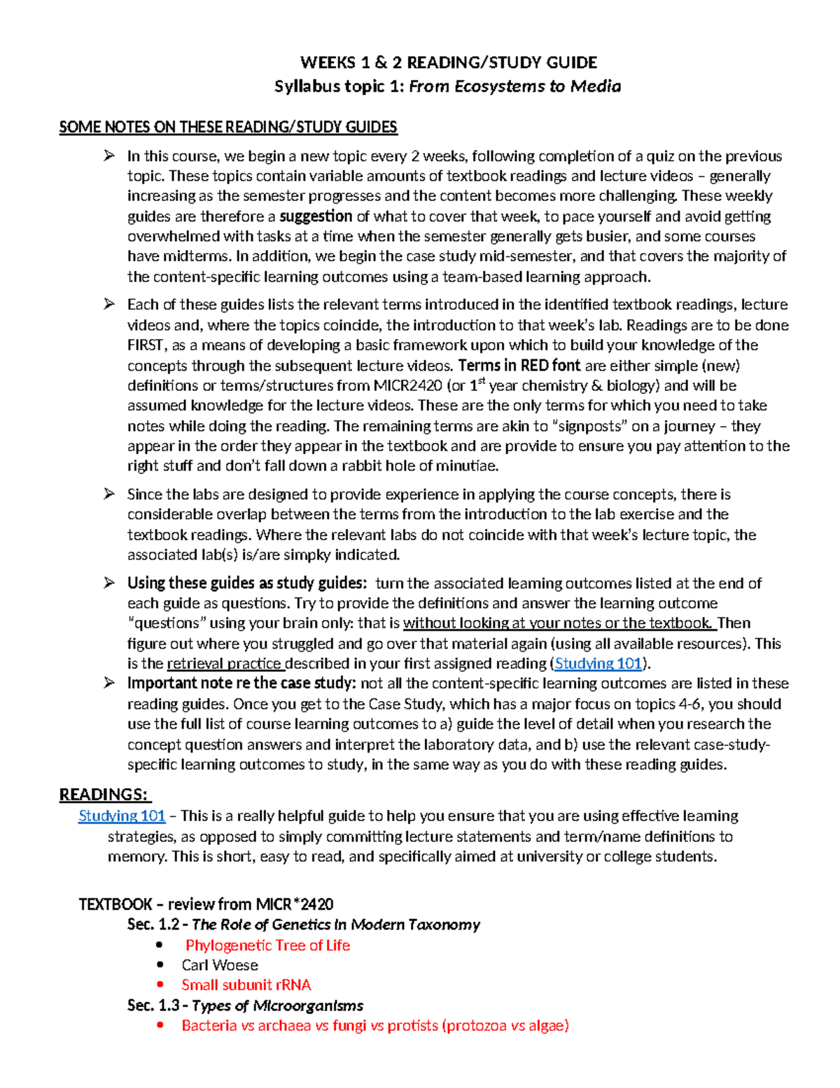 Reading guide - Weeks 1 & 2 - WEEKS 1 & 2 READING/STUDY GUIDE Syllabus ...