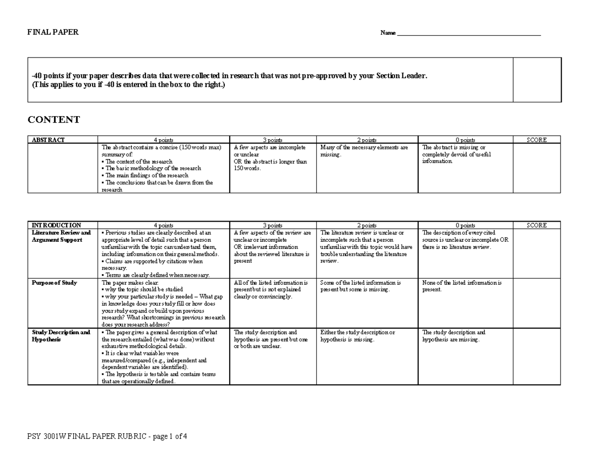 Final Paper Rubric - FINAL PAPER Name ...