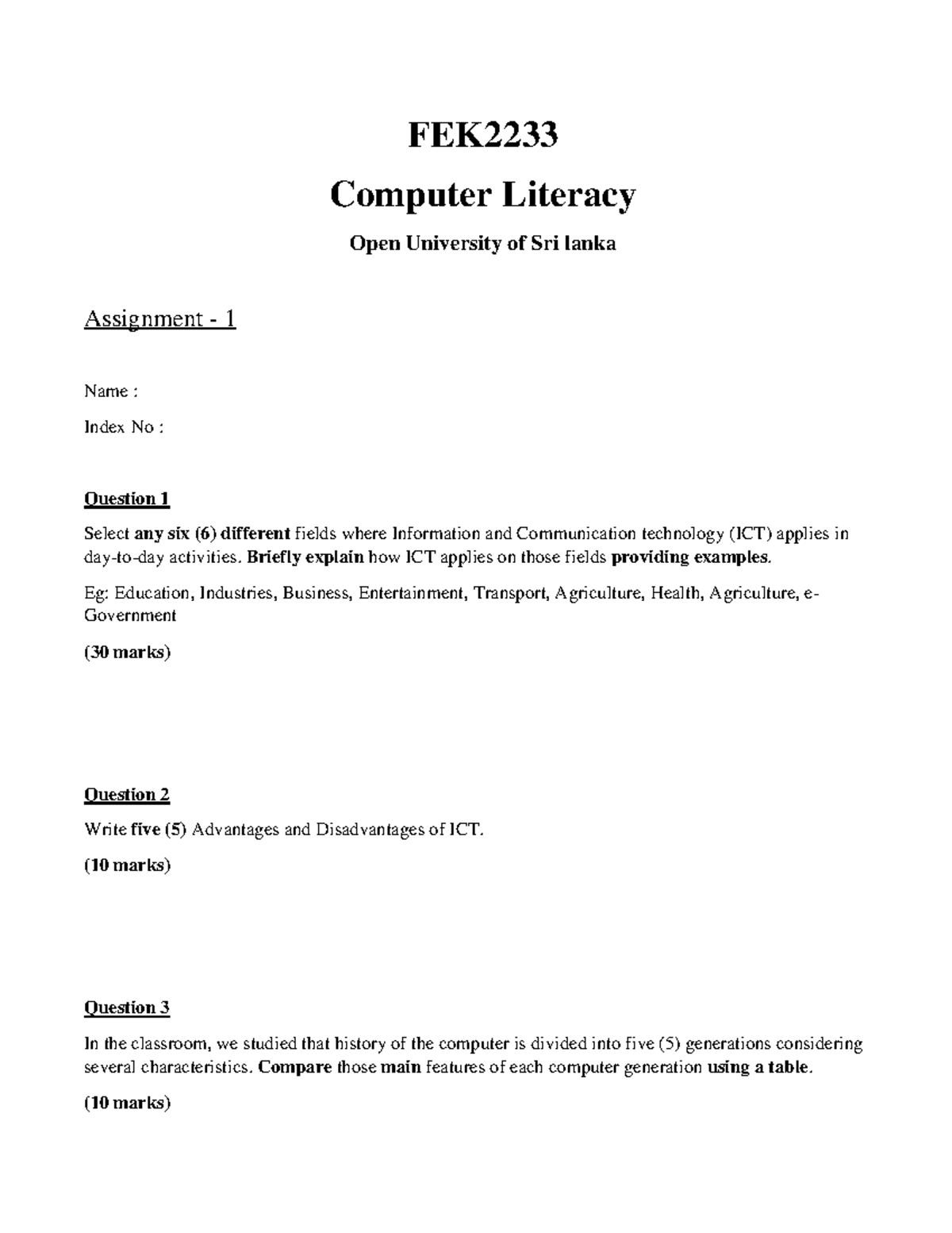FEK2233-Assignment-1 - FEK Computer Literacy Open University of Sri ...