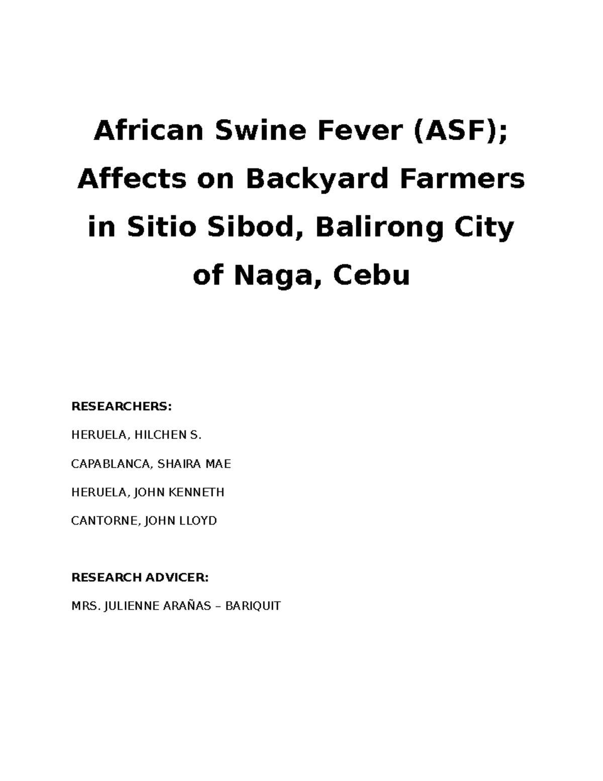 African Swine Fever (ASF) Affects on Backyard Farmers in Sitio Sibod ...