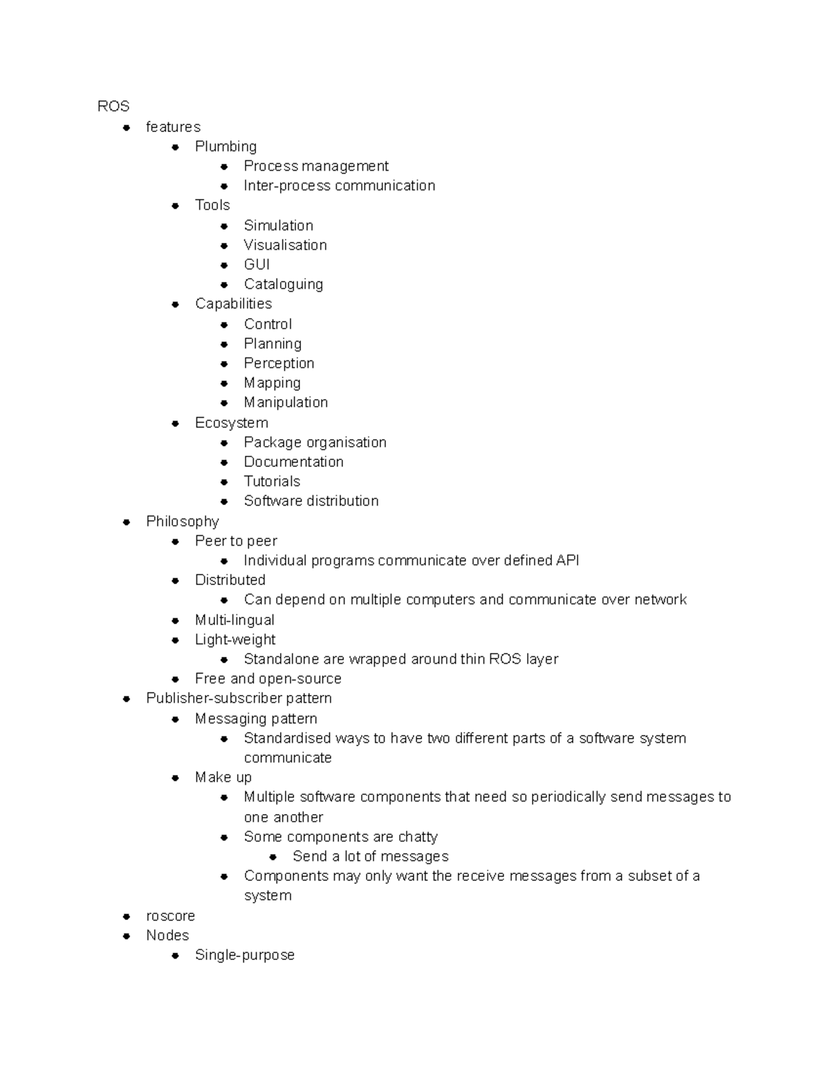 Robotics Foundations Bullet Pointed Key Concepts 2021 2022 - ROS features Plumbing Process - Studocu