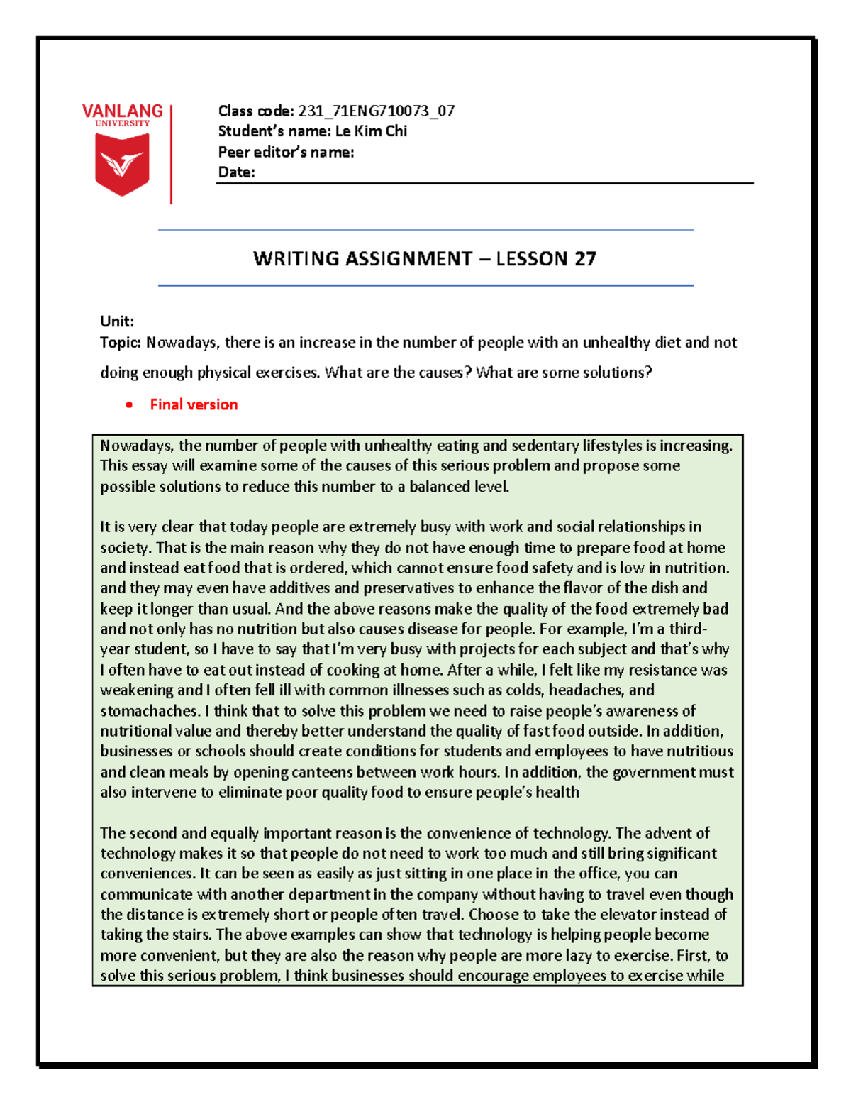 L27 Writing task 2 - Class code: 231_71ENG710073_ Student’s name: Le ...