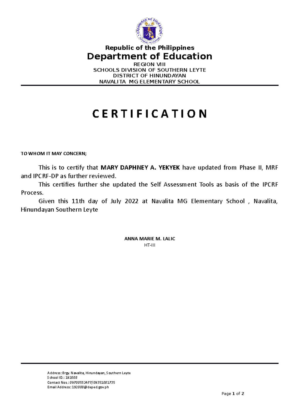 Certification ICT SAT - Republic of the Philippines Department of ...