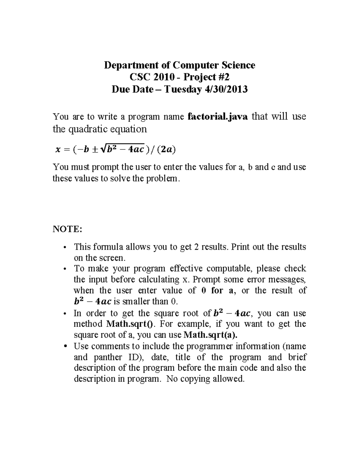 Project 2 - Department of Computer Science CSC 2010 Project Due Date ...